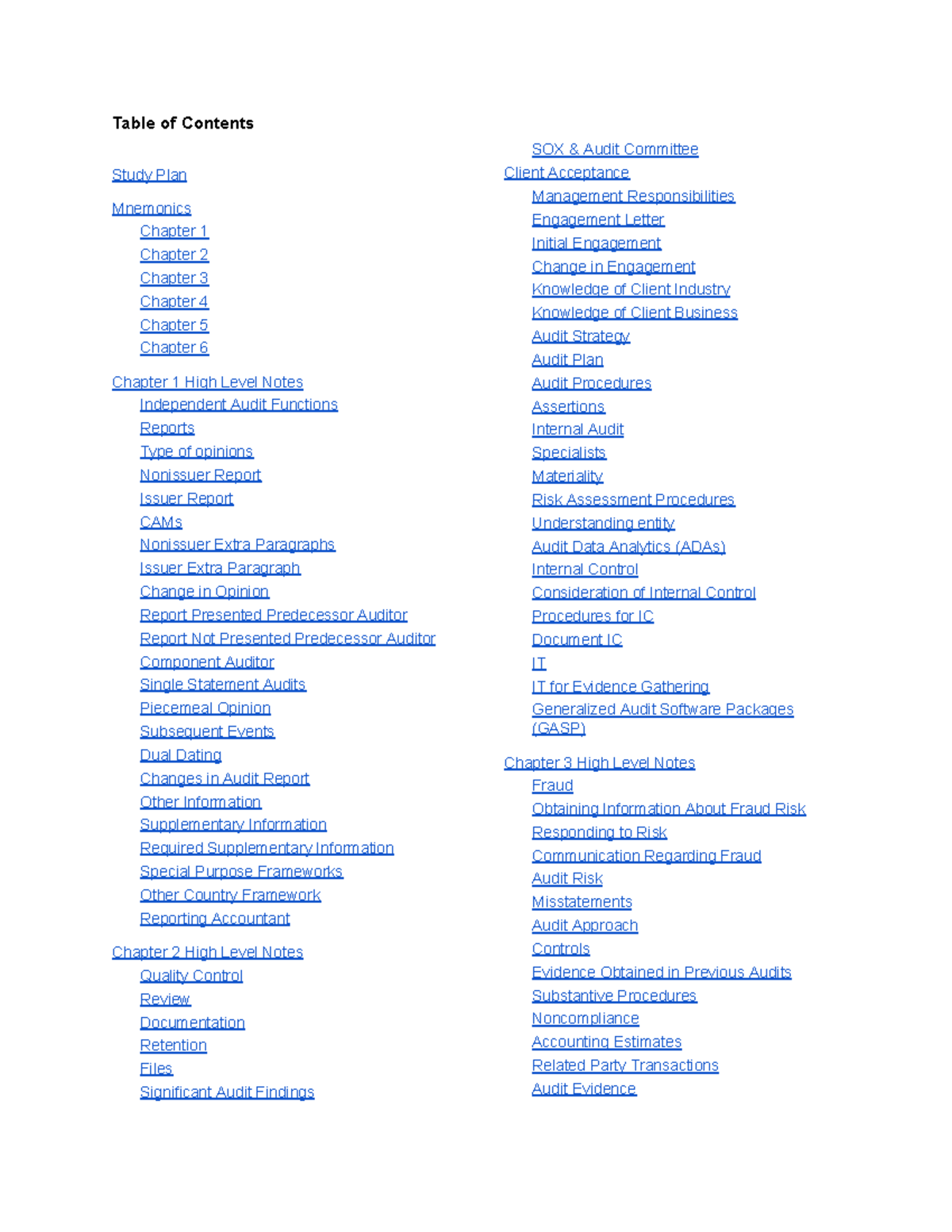 Audit Practice Materials - Table of Contents Study Plan Mnemonics ...