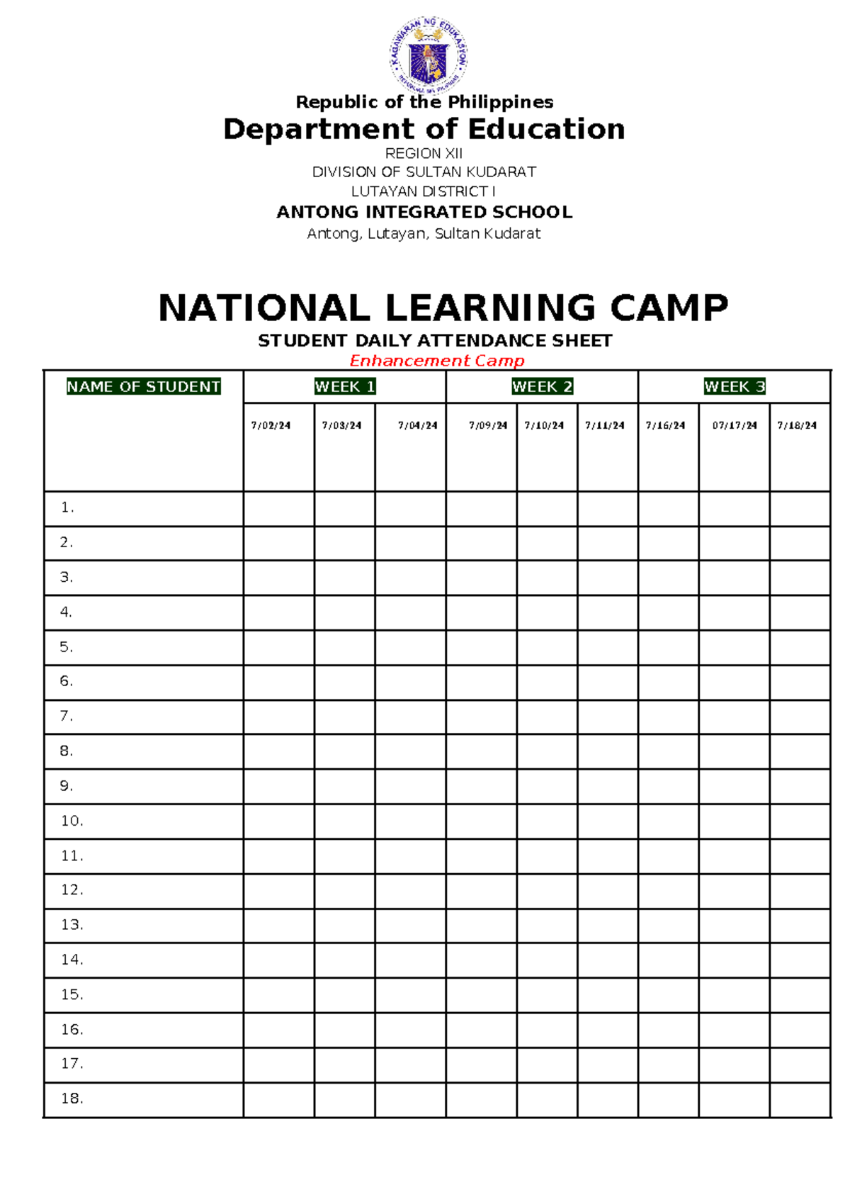 Attendance Sheet - Republic of the Philippines Department of Education ...