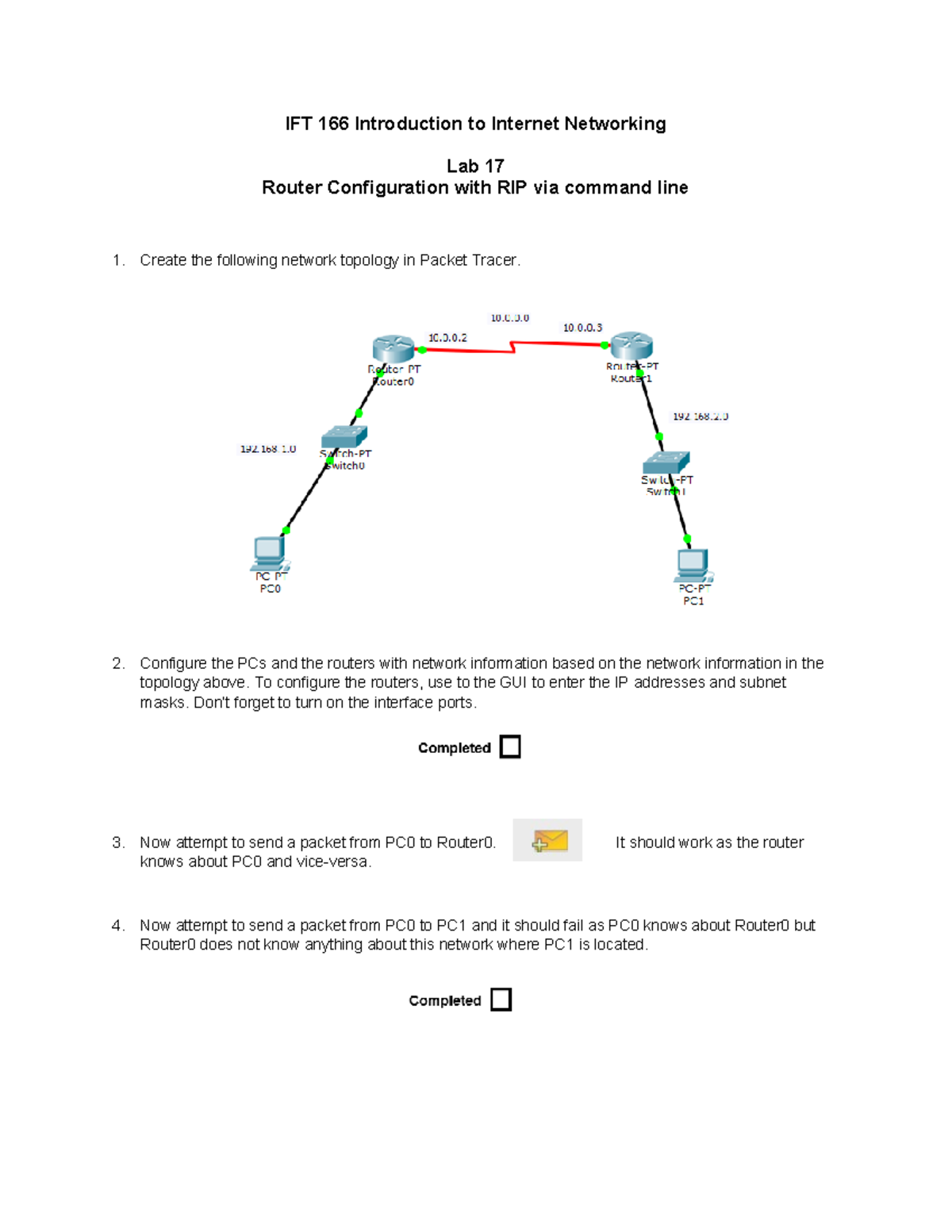 Lab 17 (Router Configuration with RIP via command line question) - IFT 166 Introduction to ...