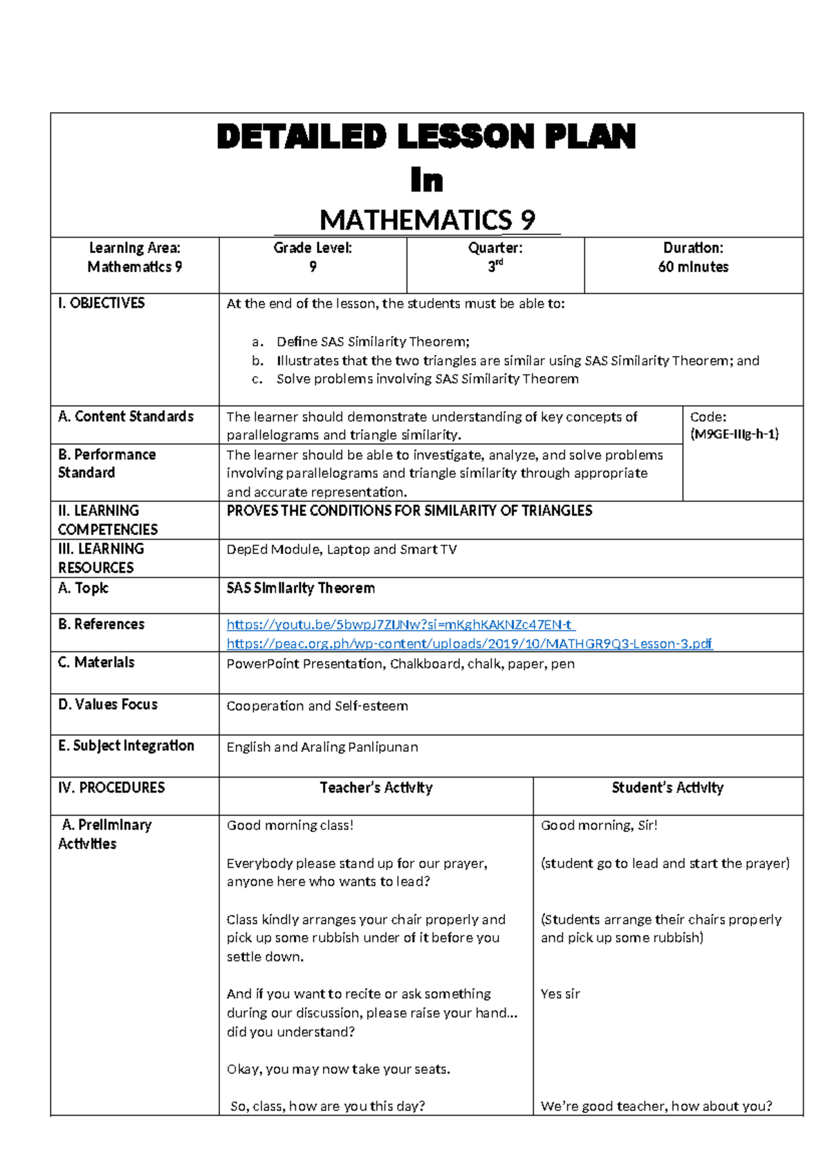 SAS similarity theorem Lesson Plan - DETAILED LESSON PLAN In ...