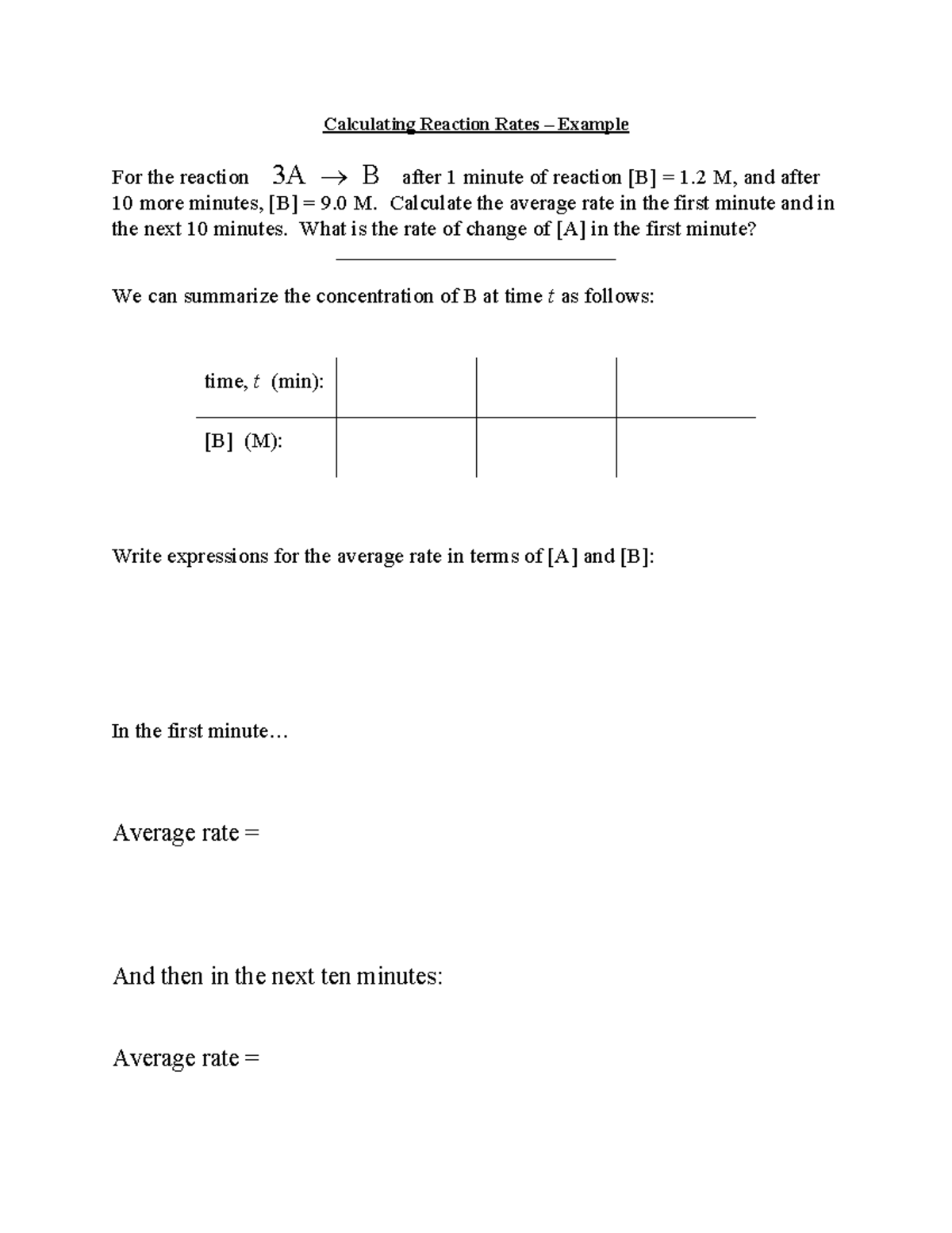 Chapter 12 Blank Handouts - Calculating Reaction Rates – Example For ...