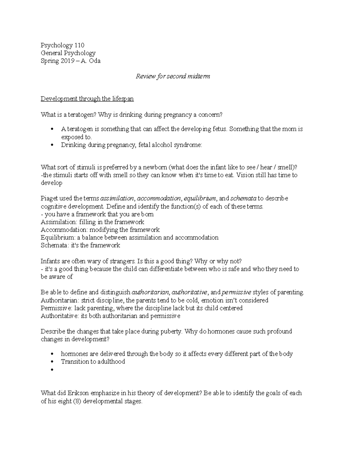 PSYC 110 Second Midterm Review - Psychology 110 General Psychology ...