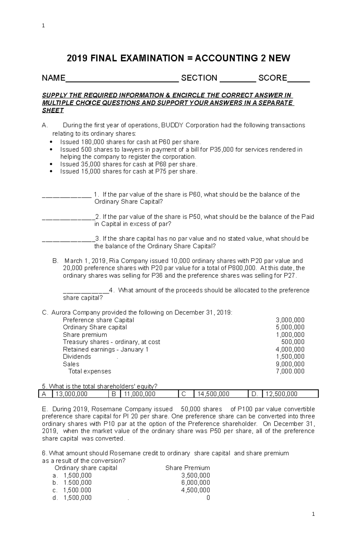 FINAL 14 January 2020, questions - 2019 FINAL EXAMINATION = ACCOUNTING ...