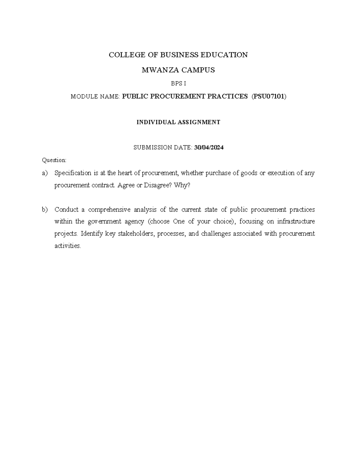 Individual- Assignments- Public Procurement Practice - COLLEGE OF BUSINESS EDUCATION MWANZA ...