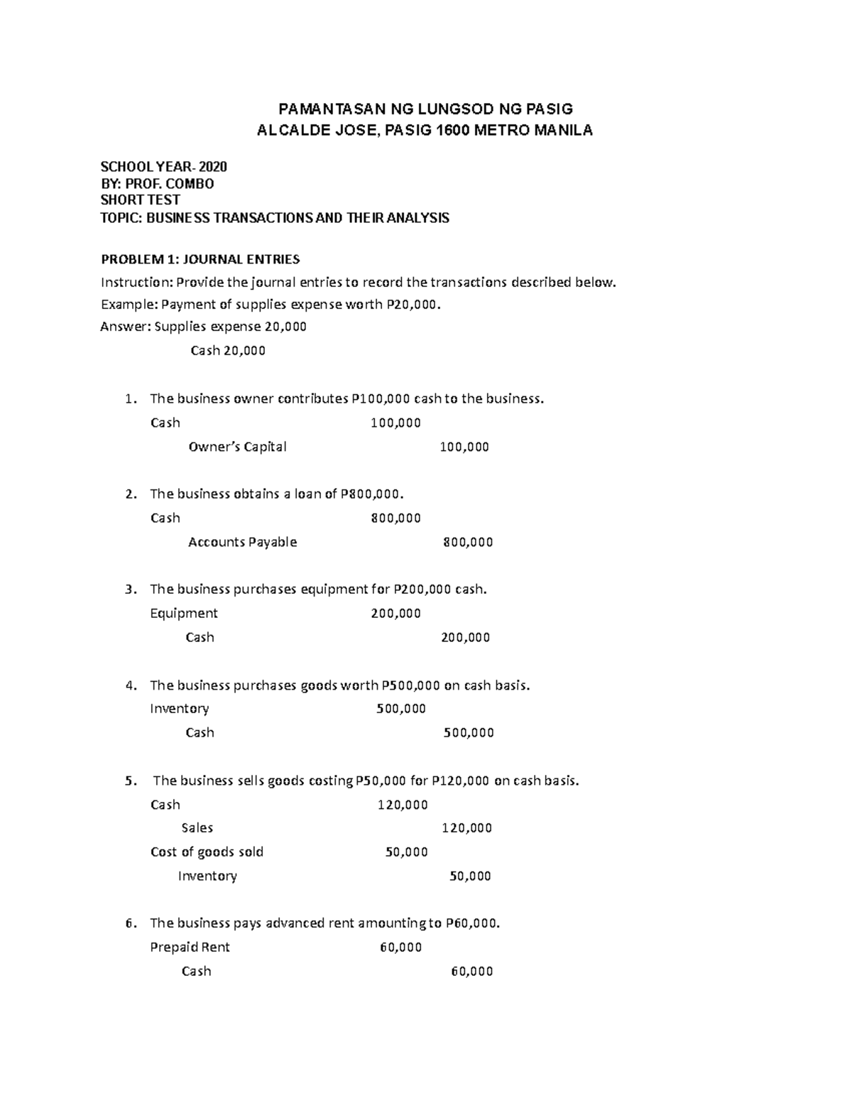 BUSINESS TRANSACTIONS AND THEIR ANALYSIS - Accountancy - Studocu