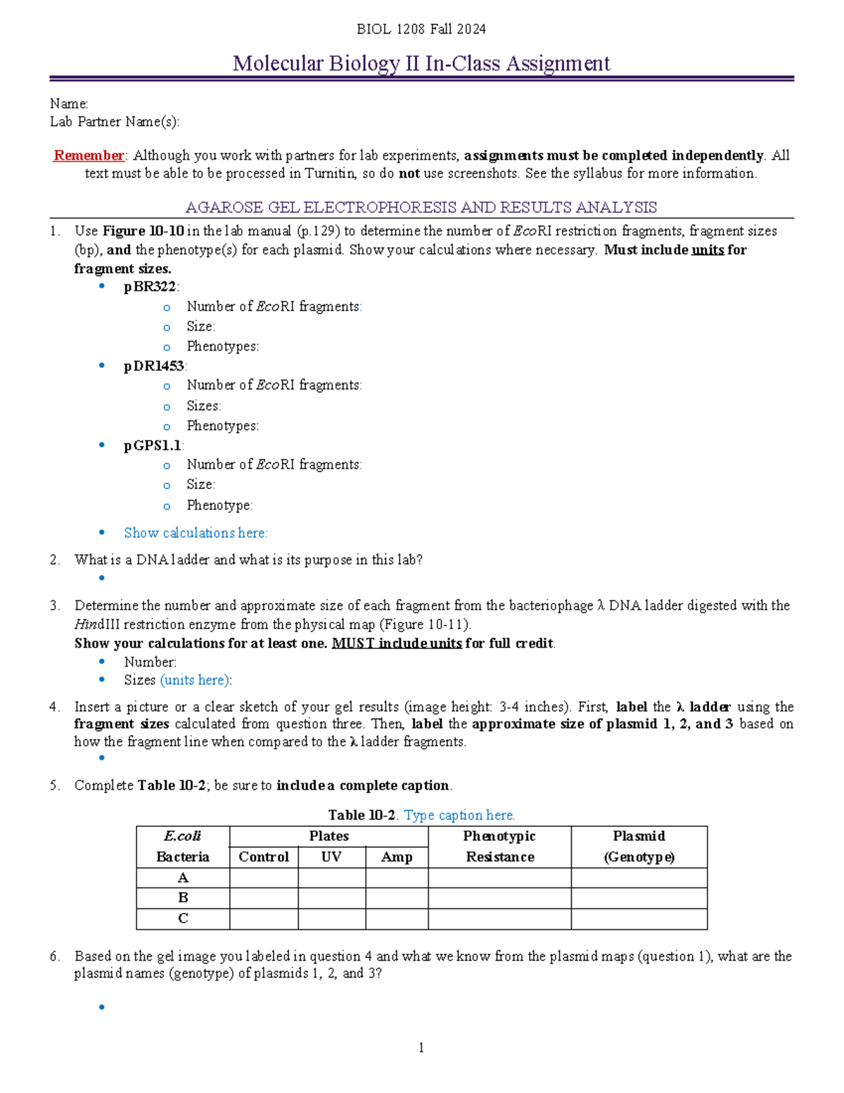 Molecular Biology II ICA - BIOL 1208 Fall 2024 Molecular Biology II In ...