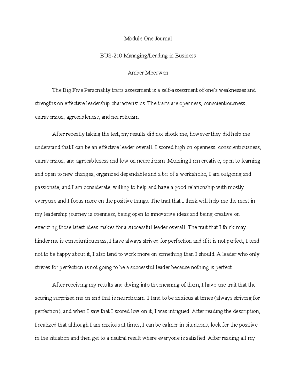 Module 1 Journal BUS-210 - Module One Journal BUS-210 Managing/Leading ...