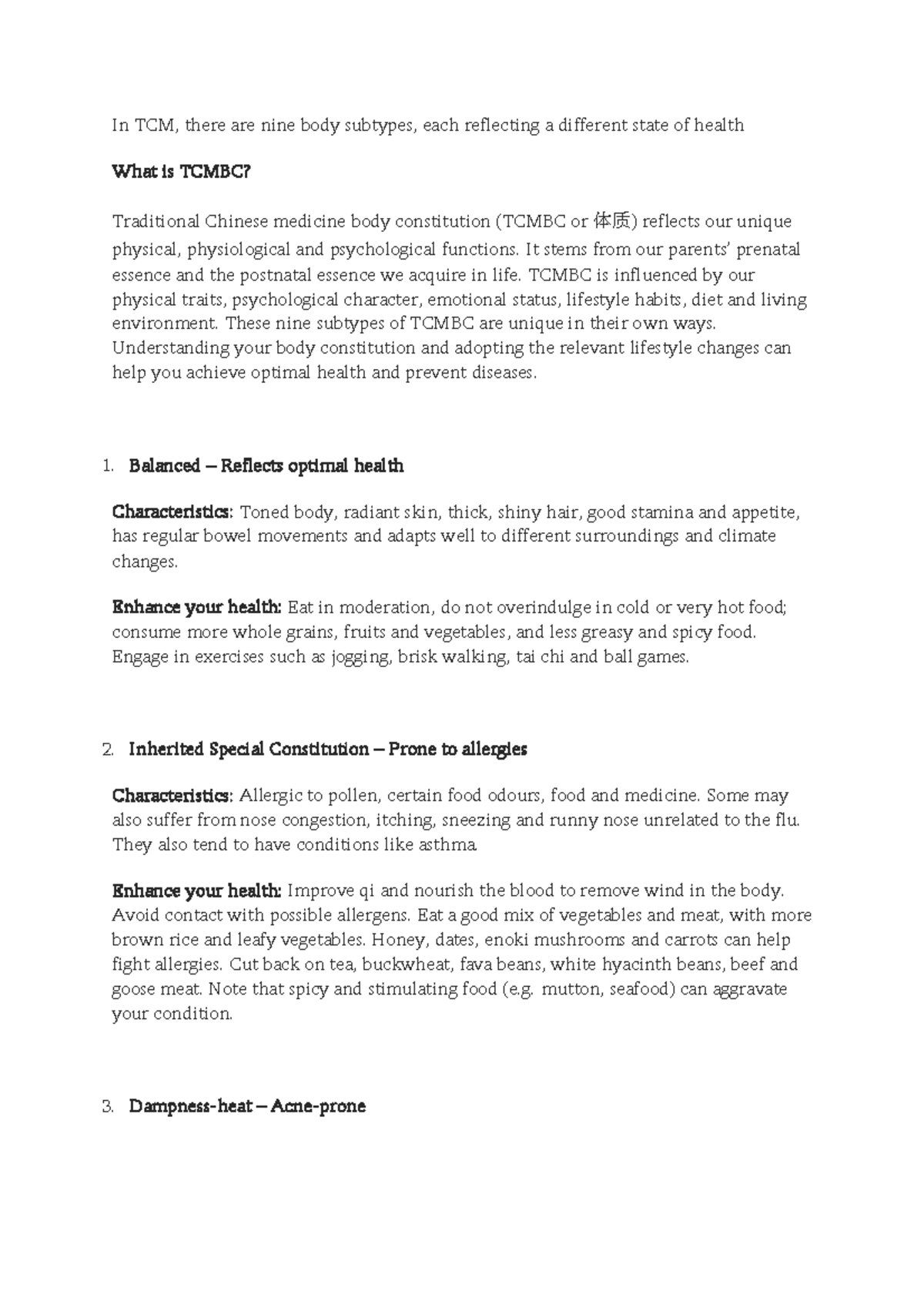 Body Constitutions in TCM - In TCM, there are nine body subtypes, each ...
