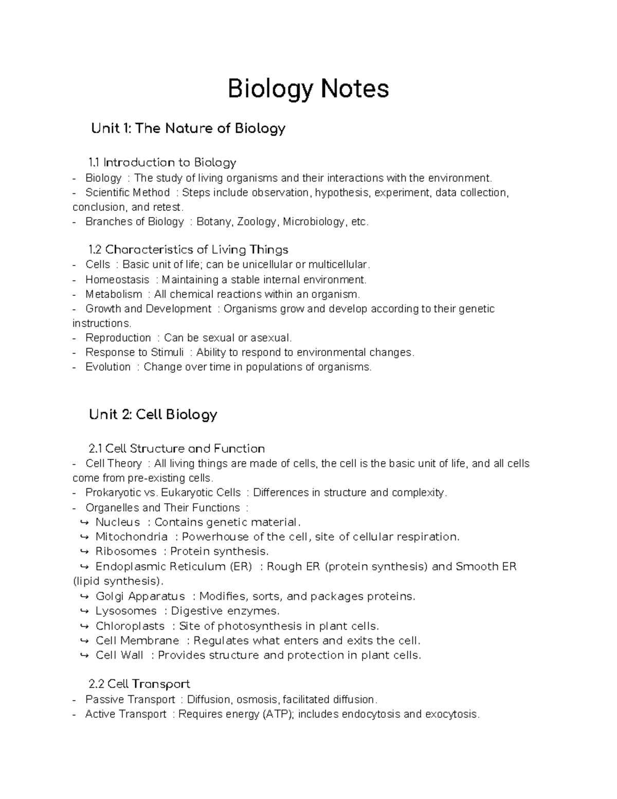 Biology notes 2024-2025 - Biology Notes Unit 1: The Nature of Biology 1 ...