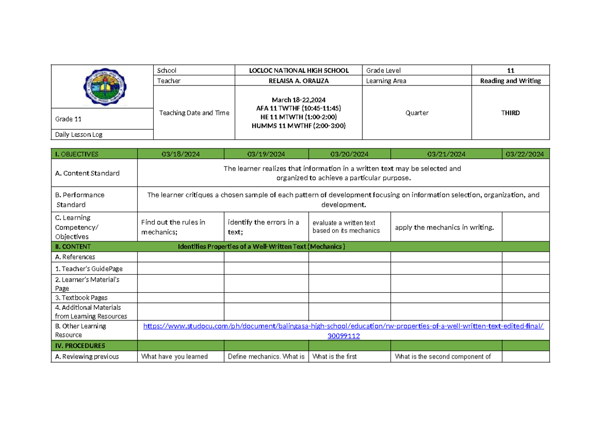Mechanics - SAMPLE DLP - School LOCLOC NATIONAL HIGH SCHOOL Grade Level ...
