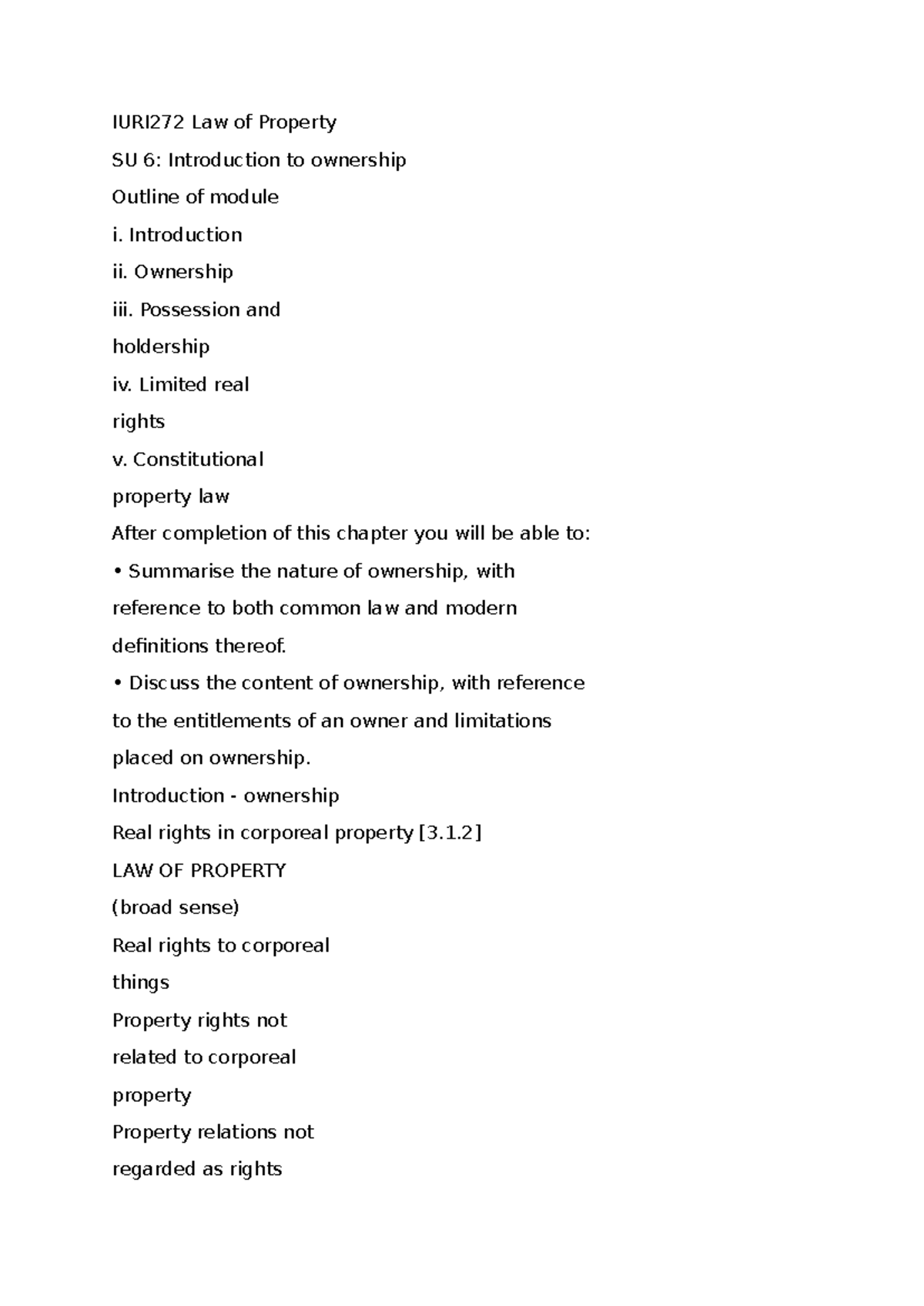 IURI272 Law of Property - Introduction ii. Ownership iii. Possession ...