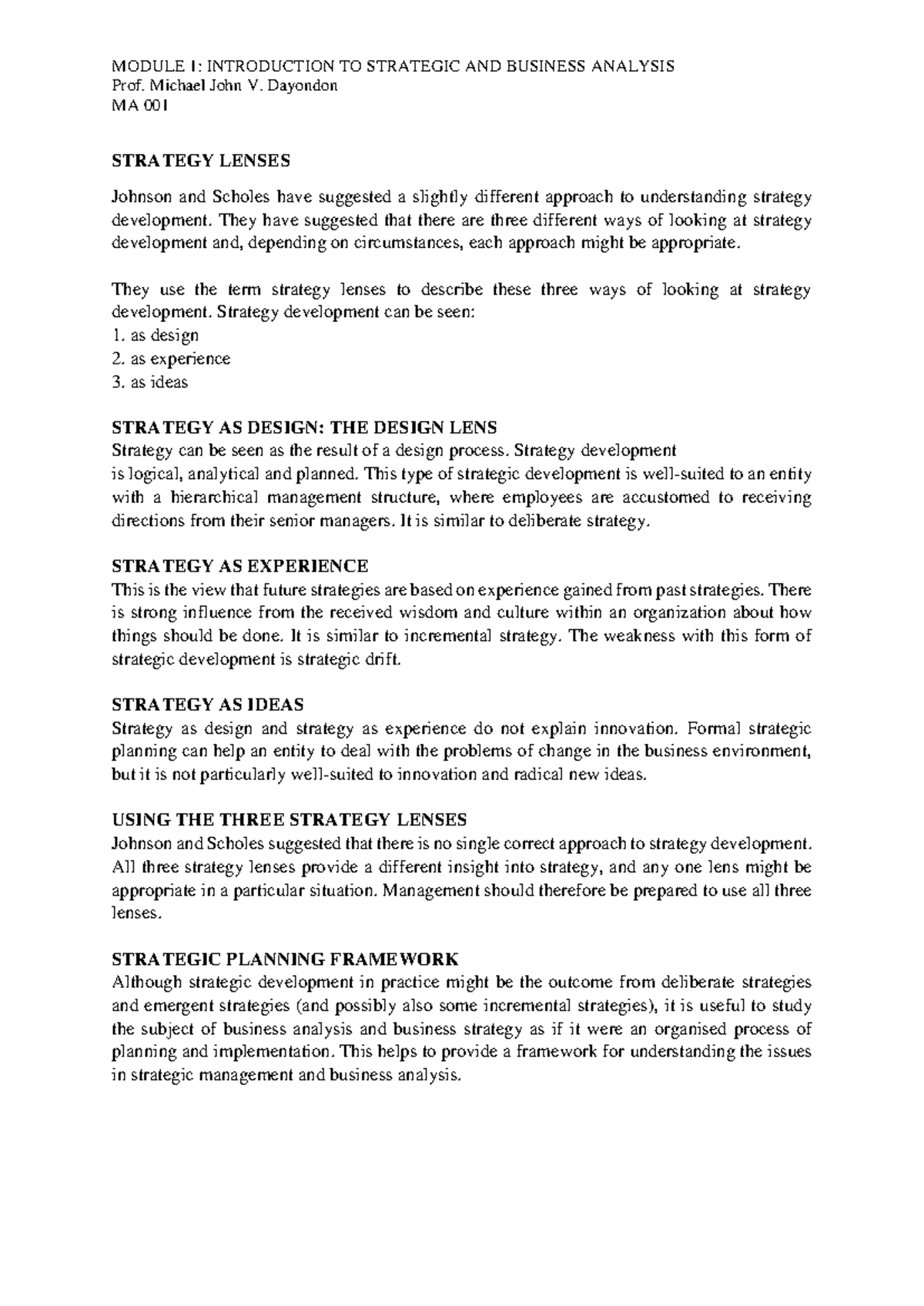 Module 1 - Learning materials - MODULE 1: INTRODUCTION TO STRATEGIC AND ...