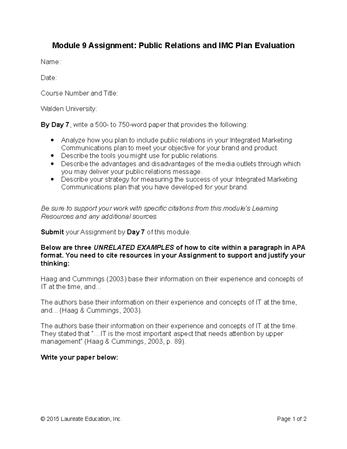USW1 MRKT 4506D Module 09 assignment Template - Module 9 Assignment: Public Relations and IMC ...