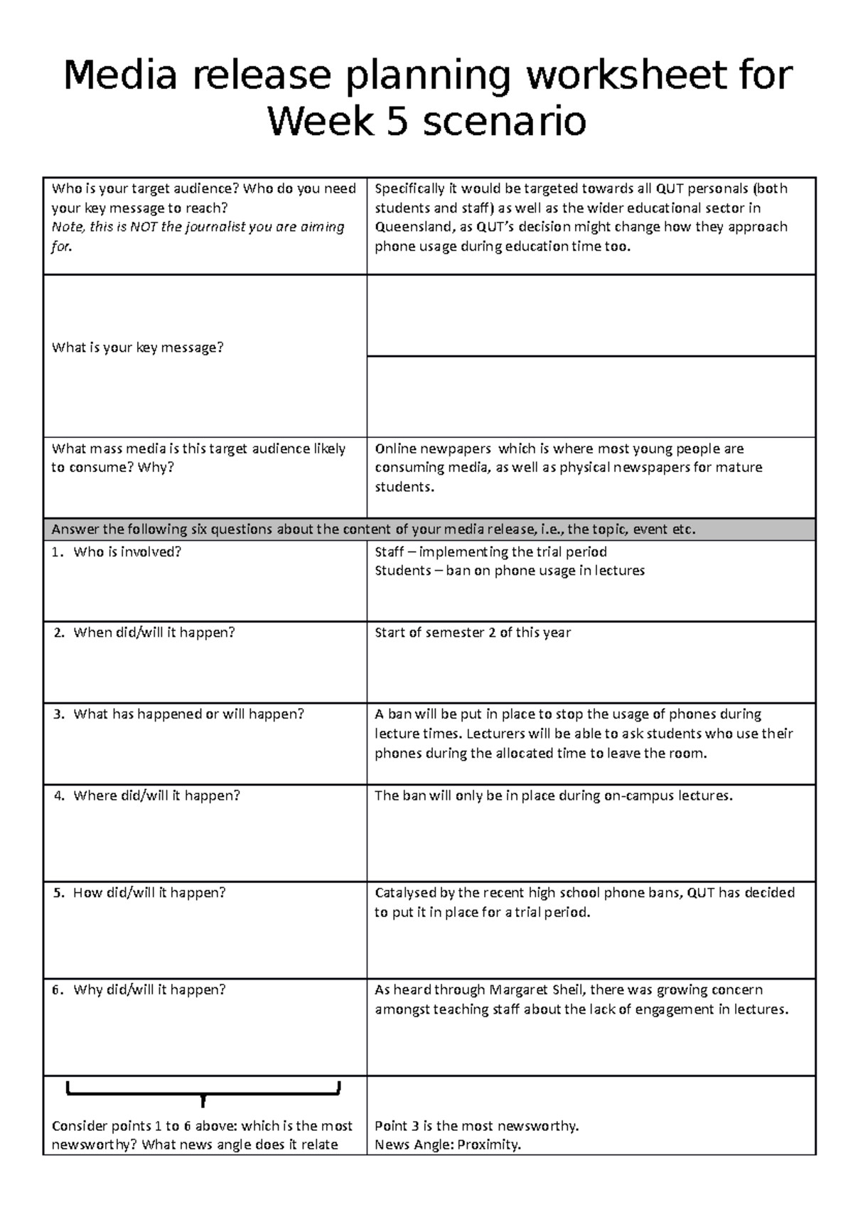 Media release planning worksheet 4 A1 - Media release planning ...