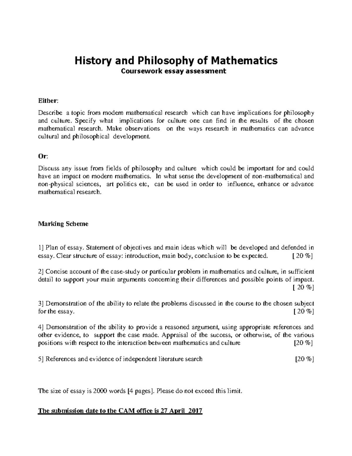 Exam 2017, questions - History and Philosophy of Mathematics Coursework ...