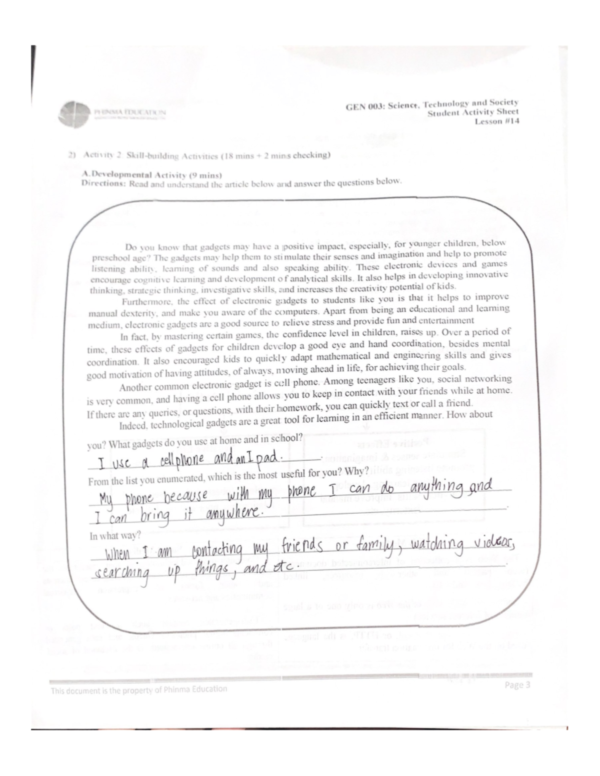 SAS#14 Oblea, Kimberly - GEN 003: Science. Technology and Society PHINSIA EDUCATION Student ...