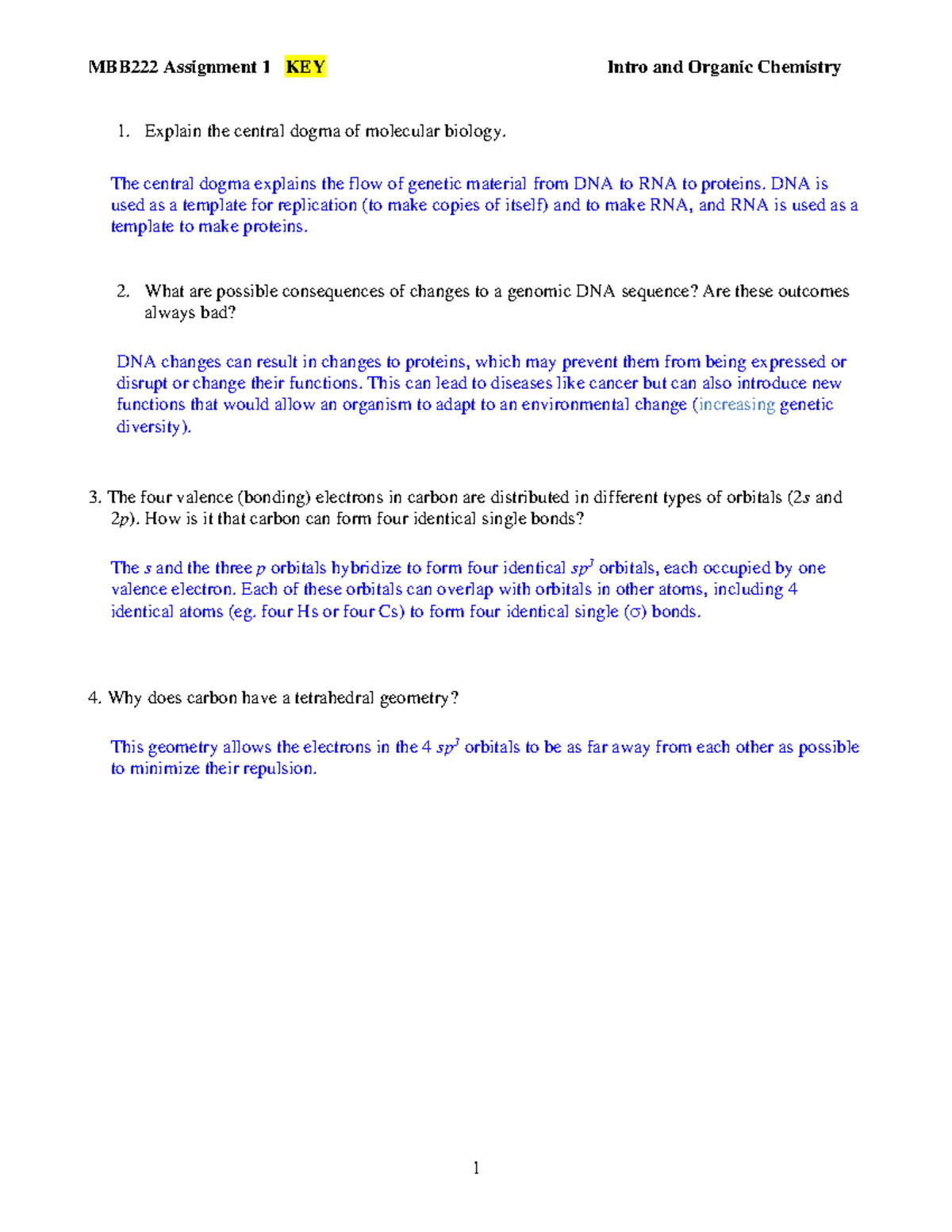 Assignment 1 Ochem - MBB222 Assignment 1 KEY Intro and Organic ...