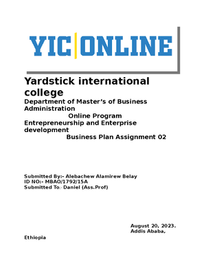 Entrepreneurship and Enterprise Development Business plan Assignment 02 ...