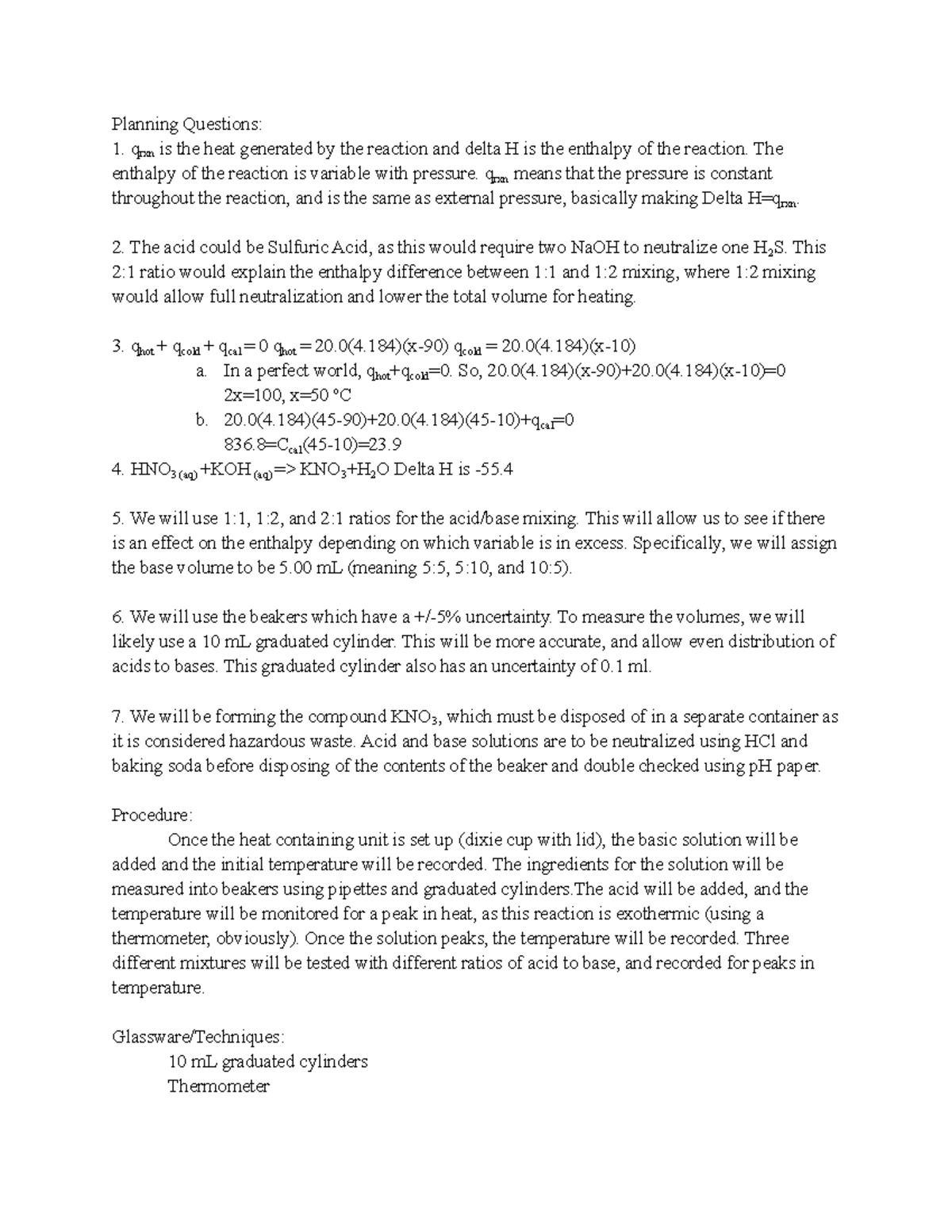 Plan HR - lab assignment for HR - Planning Questions: qrxn is the heat ...