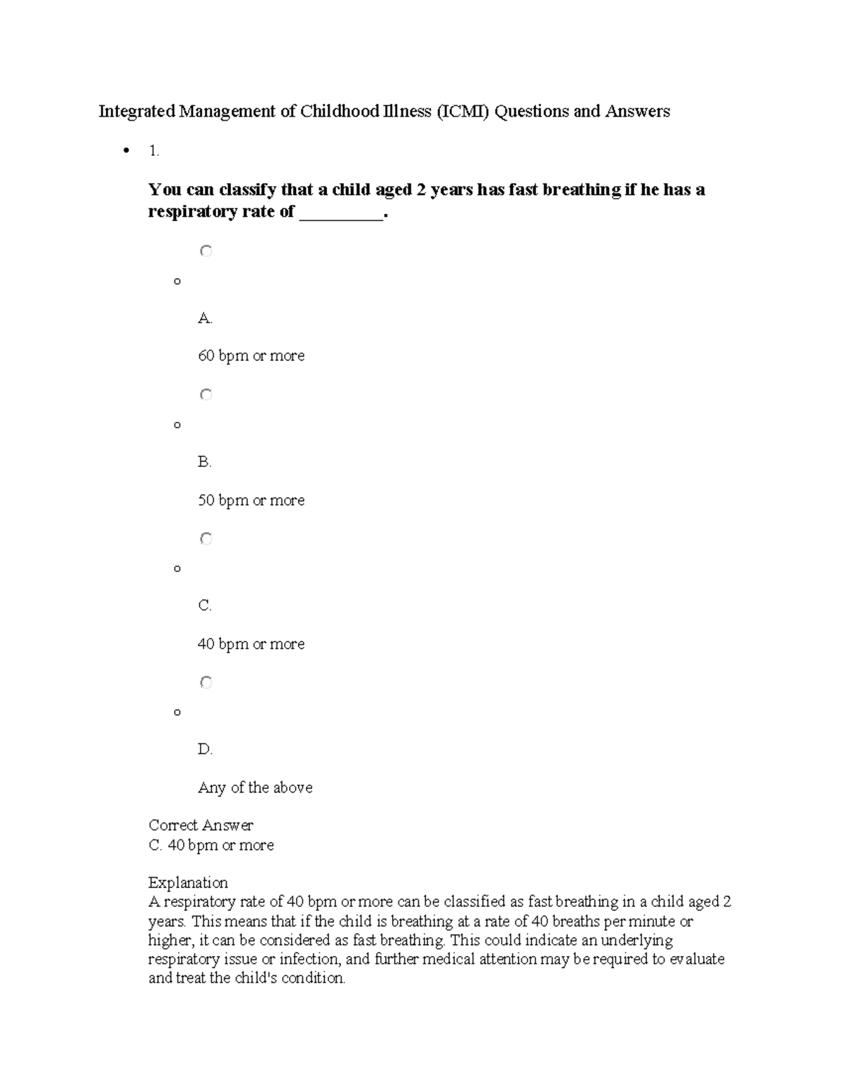 Imnci Q - Integrated Management of Childhood Illness (ICMI) Questions ...