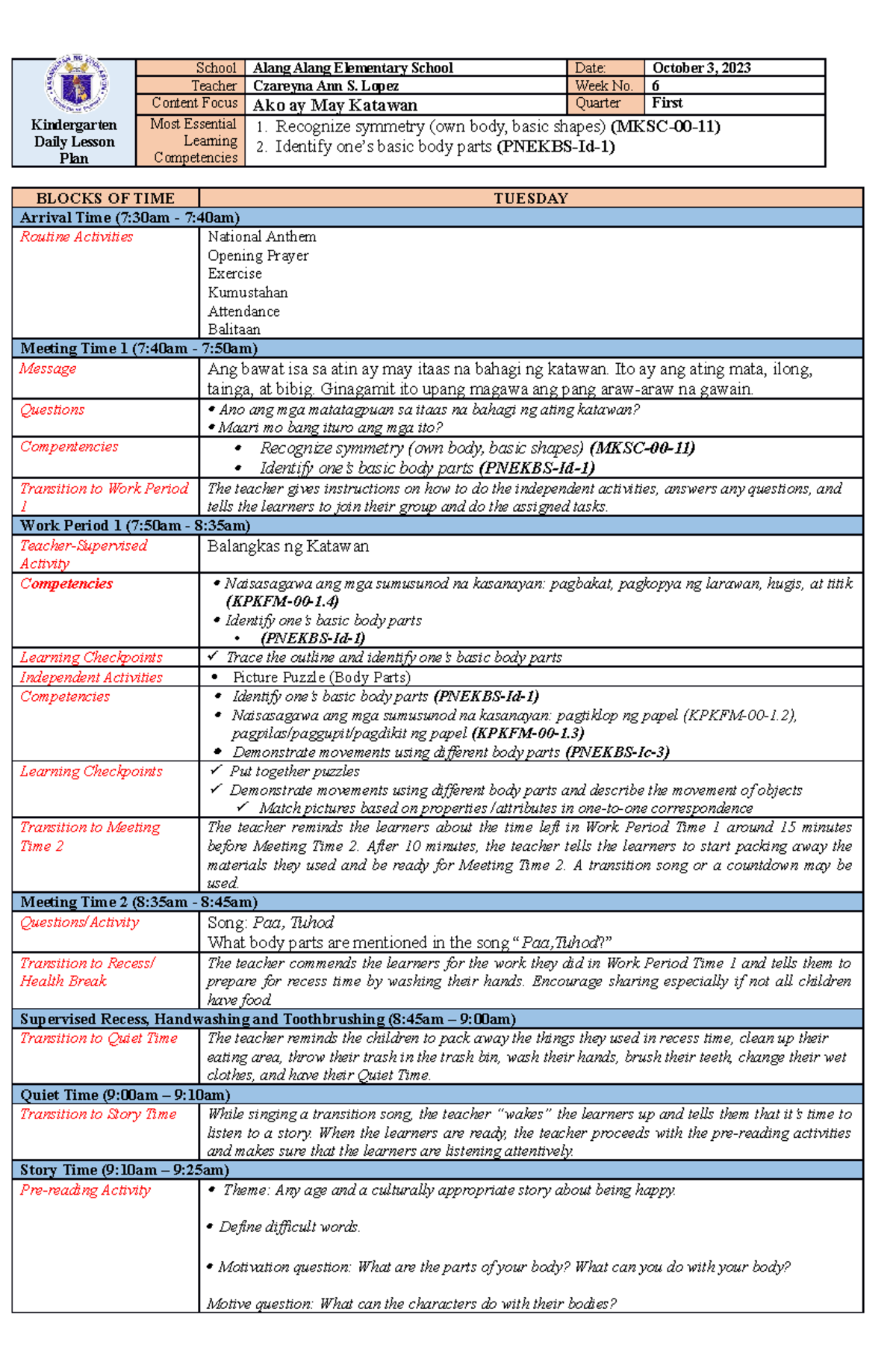 DLP - Week 6 - Daily Lesson plan - Kindergarten Daily Lesson Plan ...