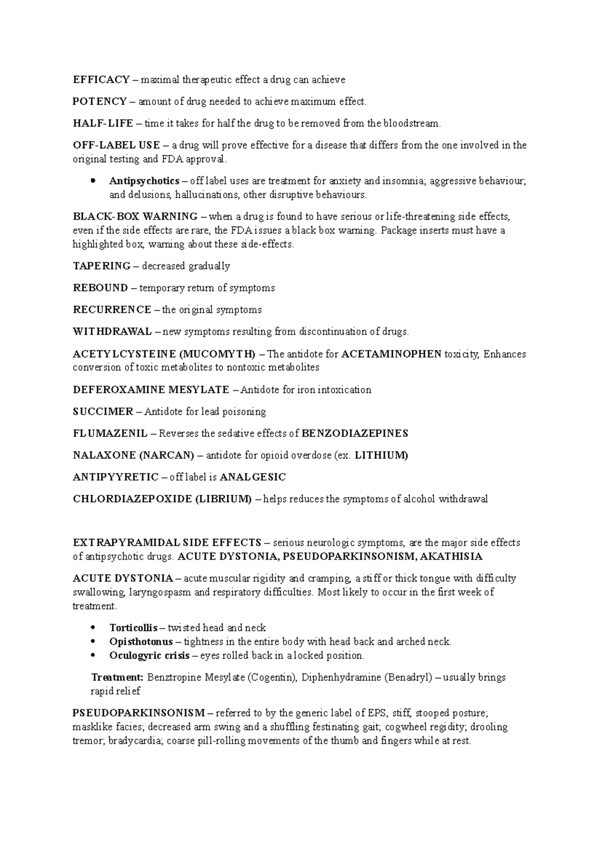Psych notes - EFFICACY – maximal therapeutic effect a drug can achieve ...
