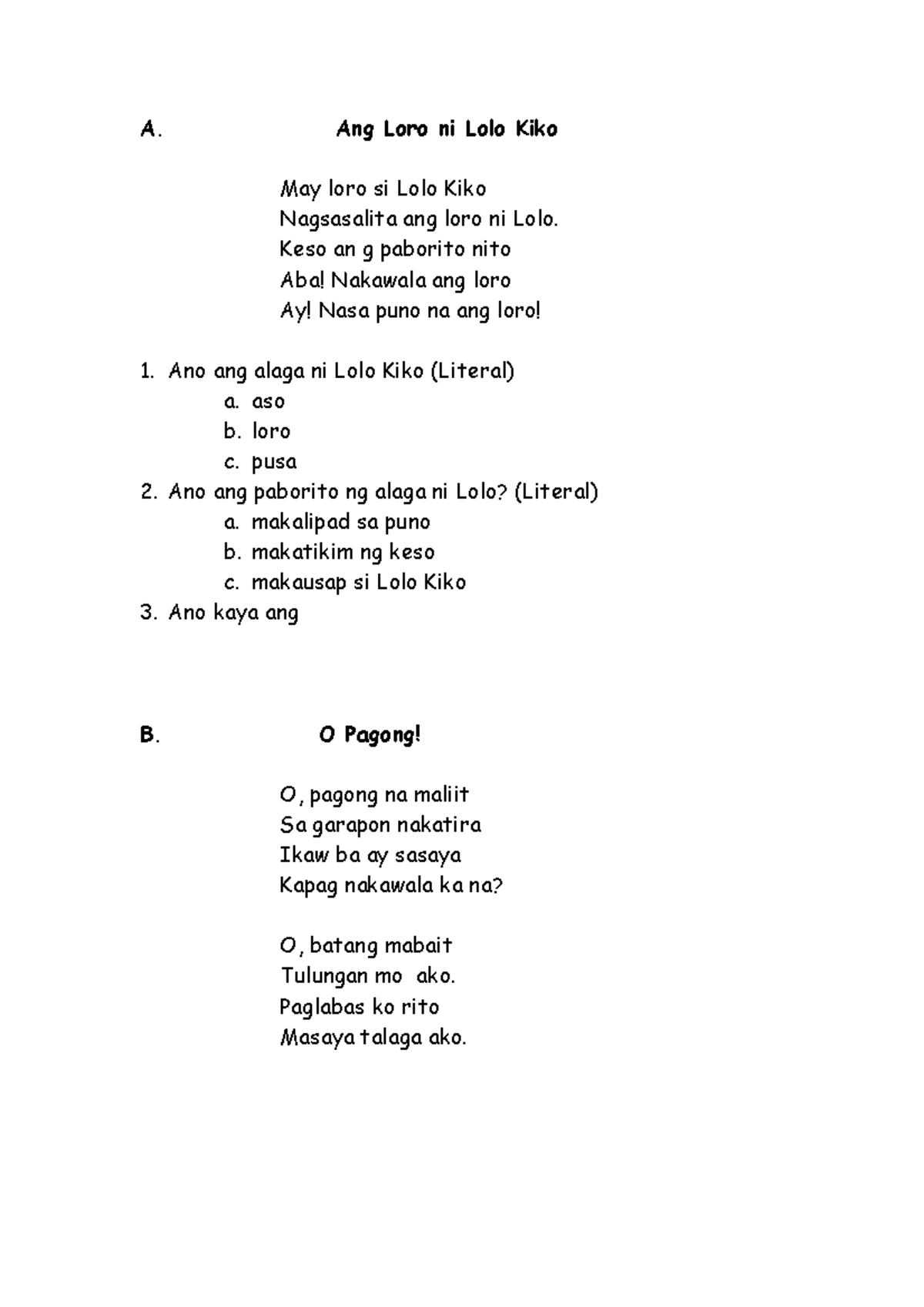Ang Loro ni Lolo Kiko GST - A. Ang Loro ni Lolo Kiko May loro si Lolo ...