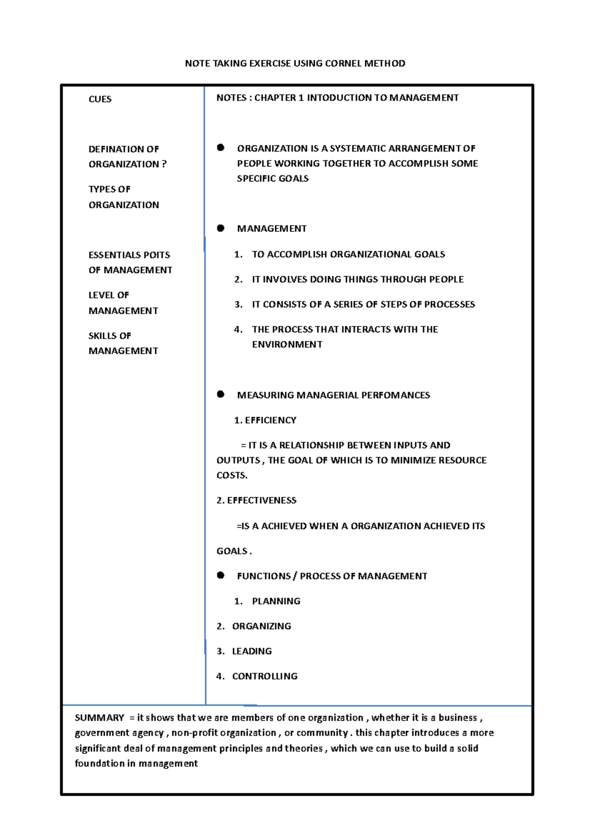 Note Taking Exercise using Cornell method - NOTE TAKING EXERCISE USING ...
