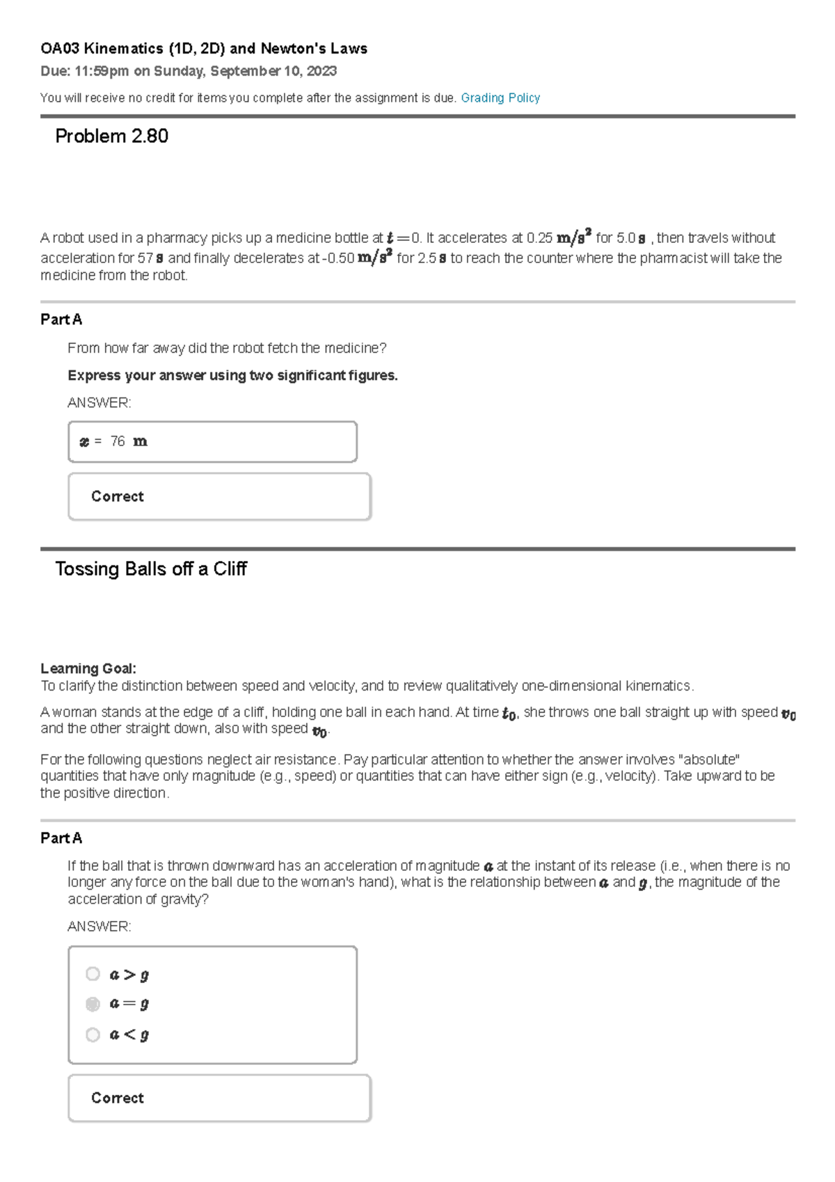 OA03 Kinematics (1D, 2D) and Newton's Laws - Grading Policy Problem 2 ...
