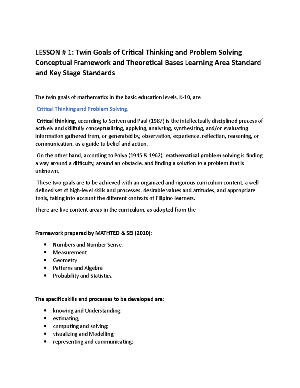 TWIN Goals OF Critical Thinking AND Problem Solving - LESSON # 1: Twin ...