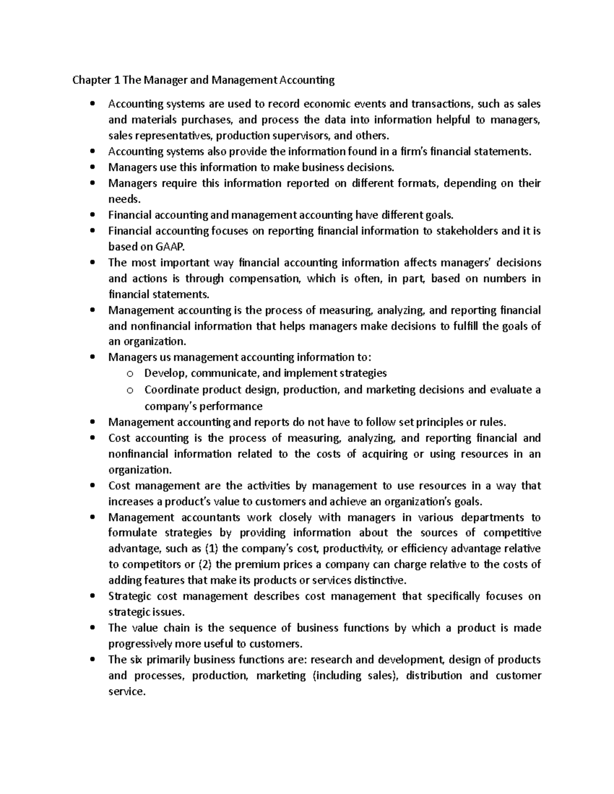 CH 1 - Study Notes - Chapter 1 The Manager and Management Accounting ...