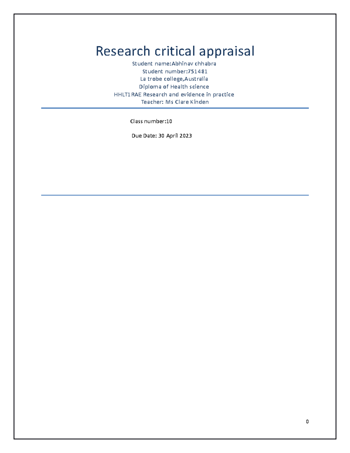 RAE critical appraisal assessment - Research critical appraisal Student ...