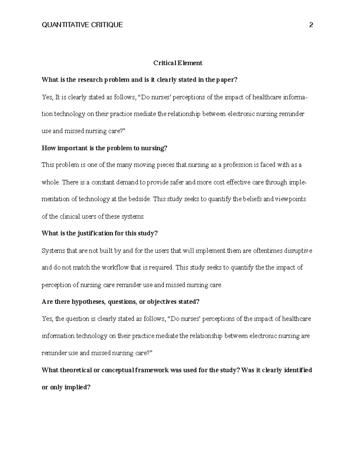 Quantittive critique example - QUANTITATIVE CRITIQUE 2 Critical Element ...