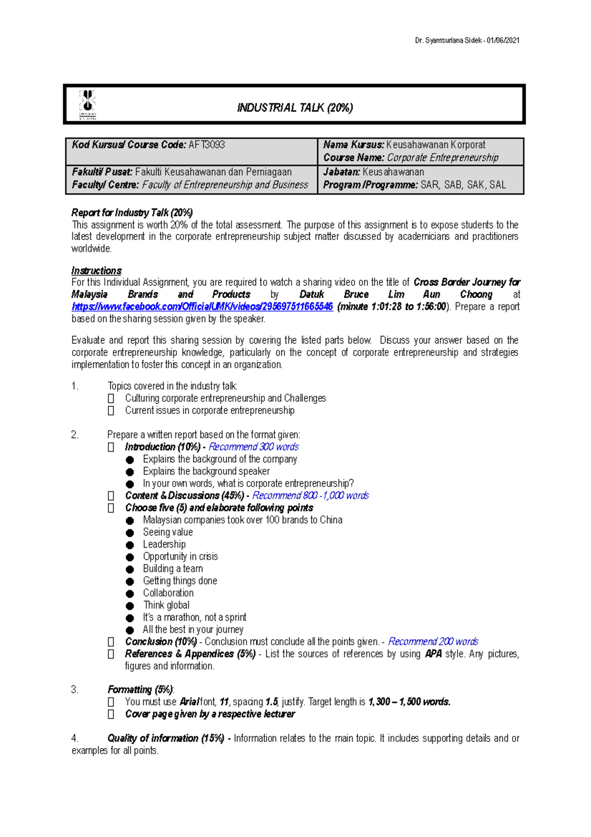 Guideline AFT3093 - Industry Talk (20 ) - Dr. Syamsuriana Sidek - 01/06 ...