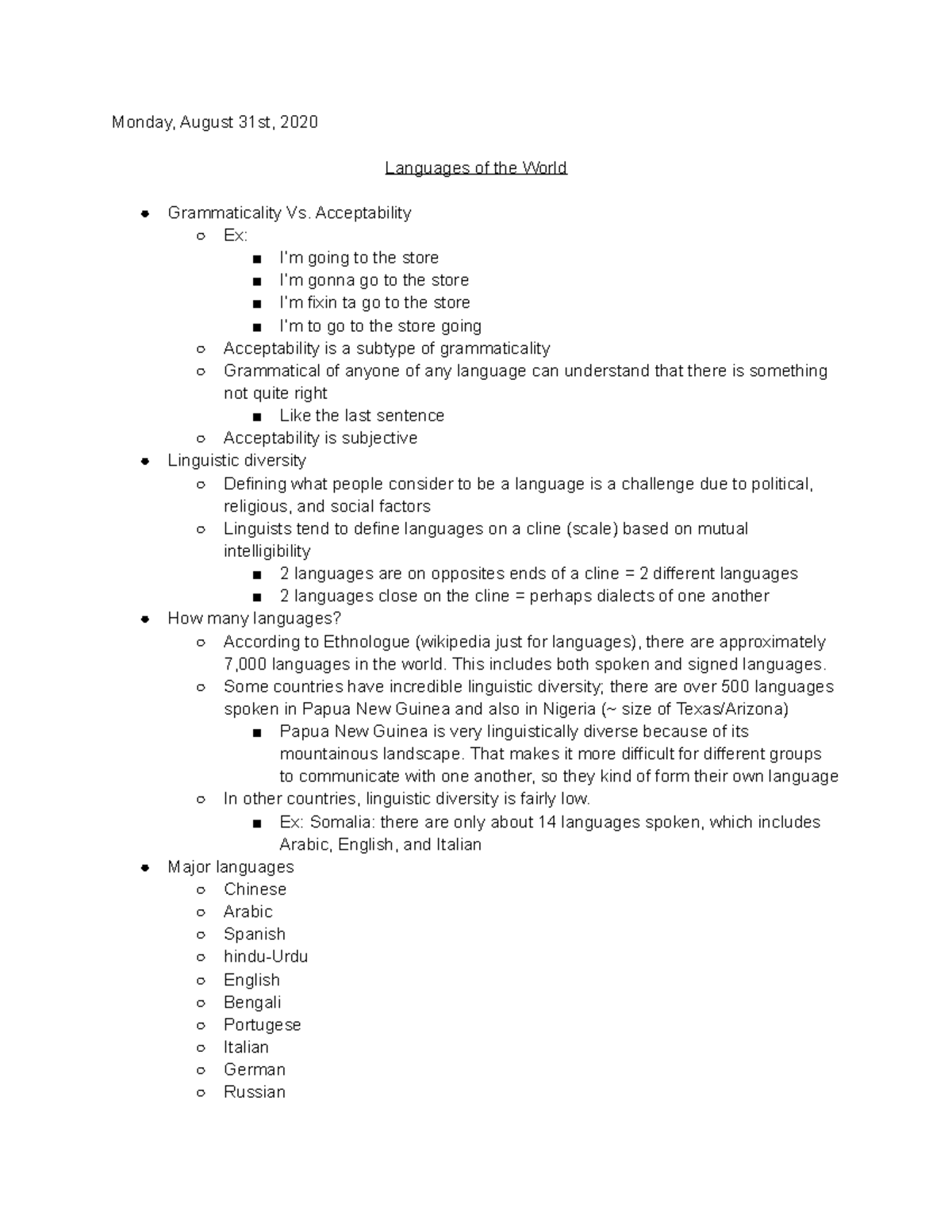 Class Notes Languages of the World Introduction to Typology - Monday ...