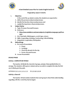 Lesson PLAN Possessive Pronouns 014303 - A Semi-Detailed Lesson Plan ...