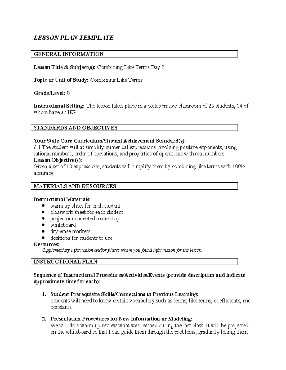 A1 lesson plan 2018 09 24 - LESSON PLAN TEMPLATE GENERAL INFORMATION ...