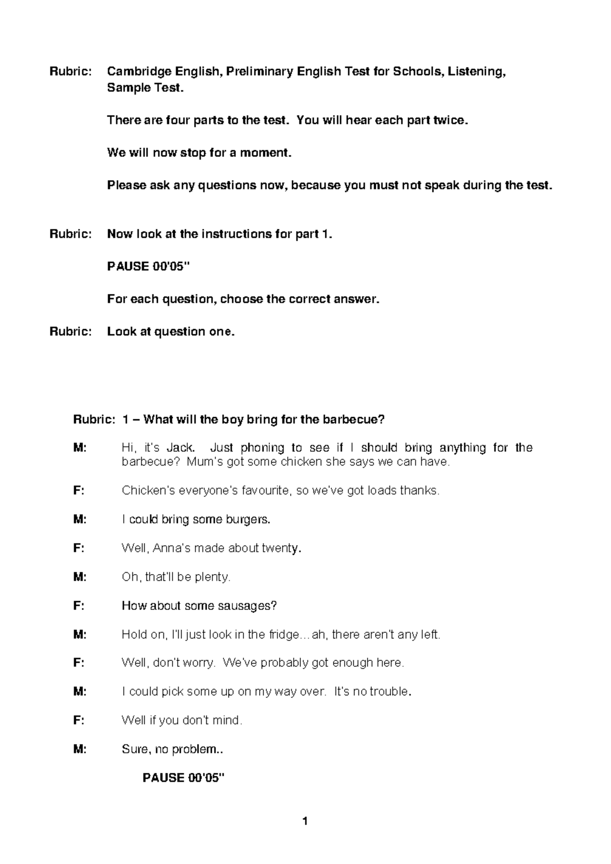 B1 Preliminary Schools 2020 sample tests Listening - script - Rubric ...