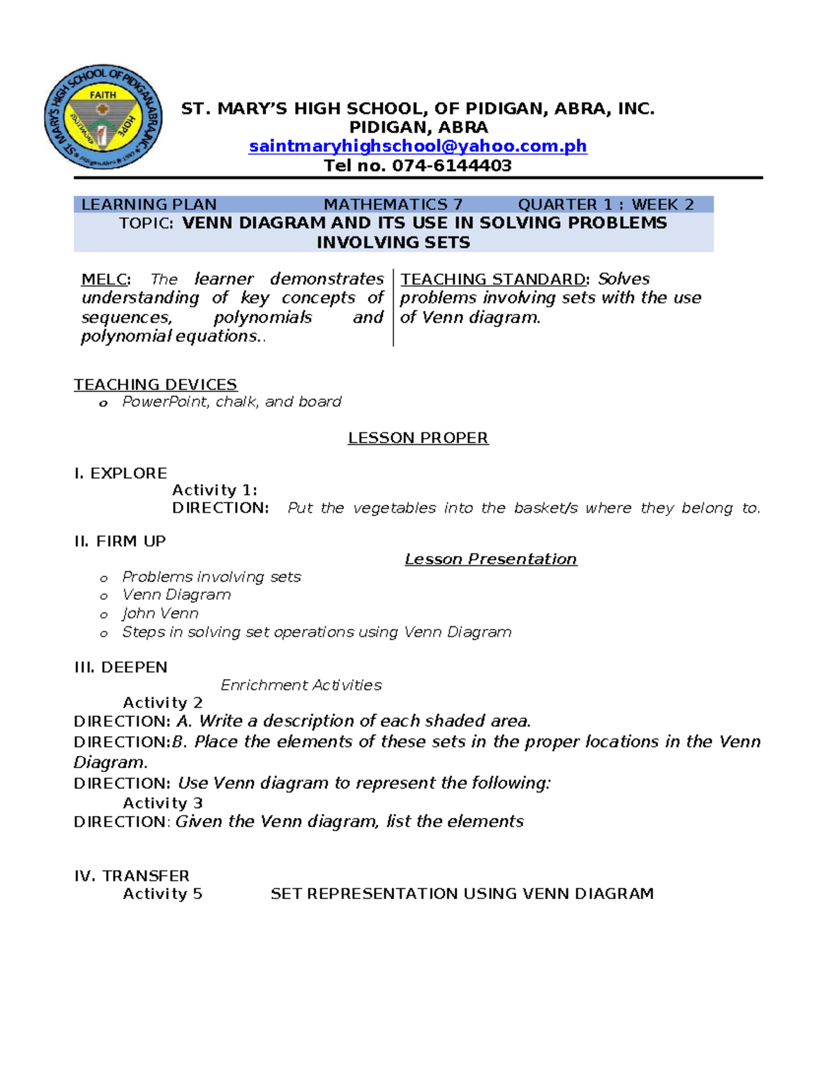 WEEK 2 MATH 7 - MATHEMATICS 7 - ST. MARY’S HIGH SCHOOL, OF PIDIGAN ...