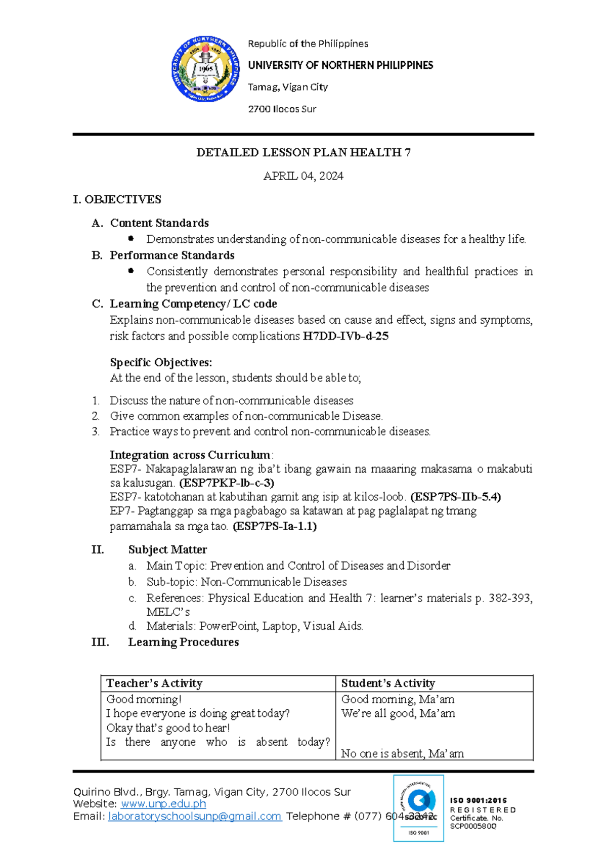 Detailed Lesson PLAN Health - ISO 9001: R E G I S T E R E D Certificate ...