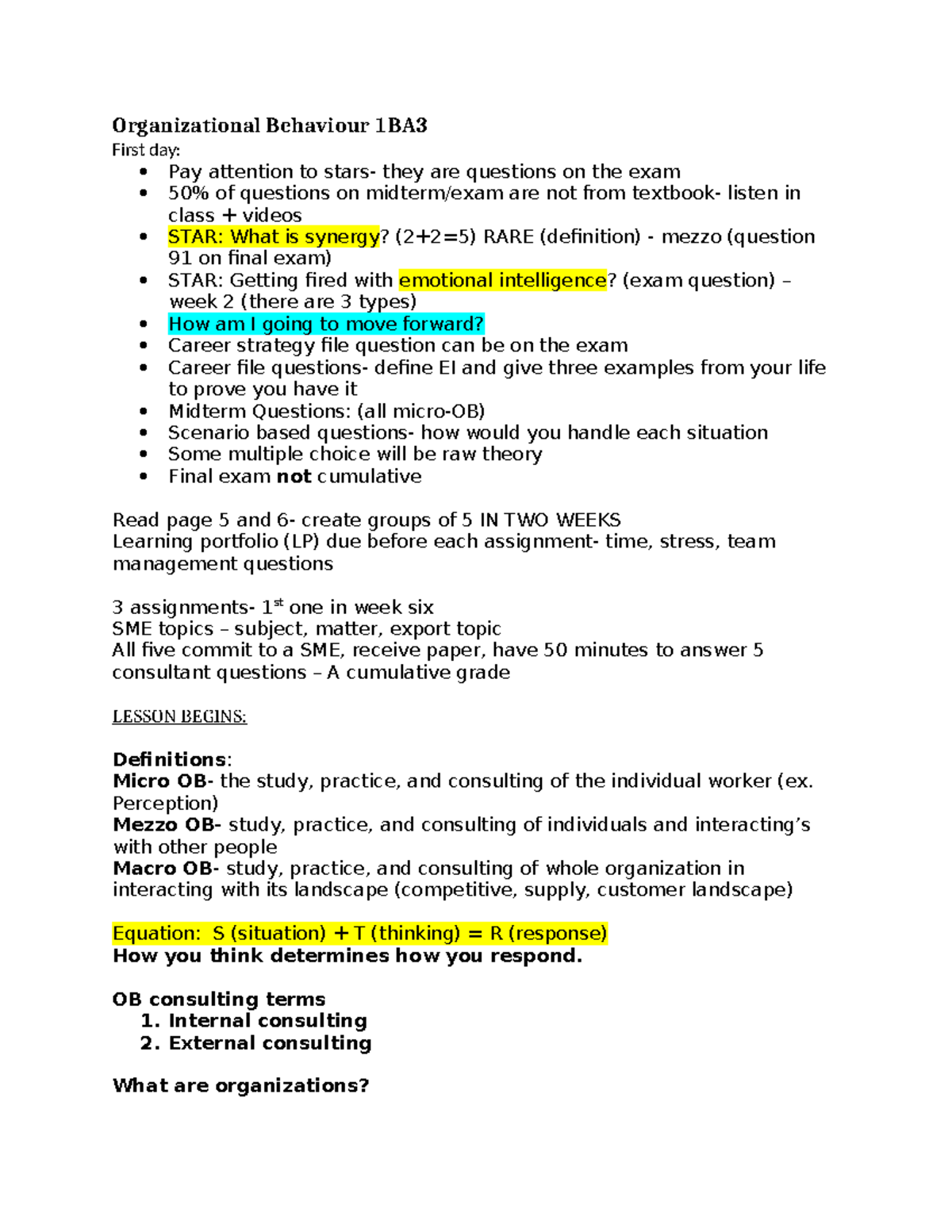 Organizational behaviour Notes - Organizational Behaviour 1BA First day ...
