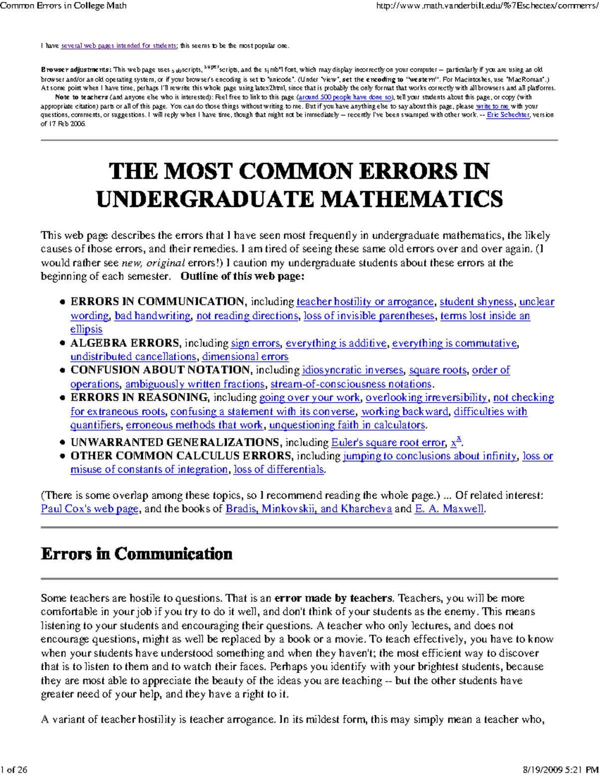Common Errors in College Math - I have several web pages intended for ...