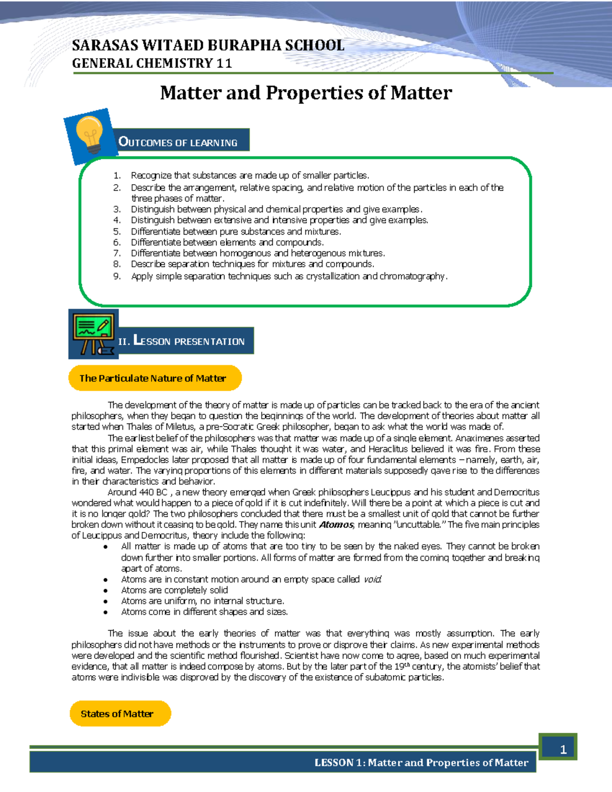 SWBP Chemistry 11 - GENERAL CHEMISTRY 11 1 Matter and Properties of ...