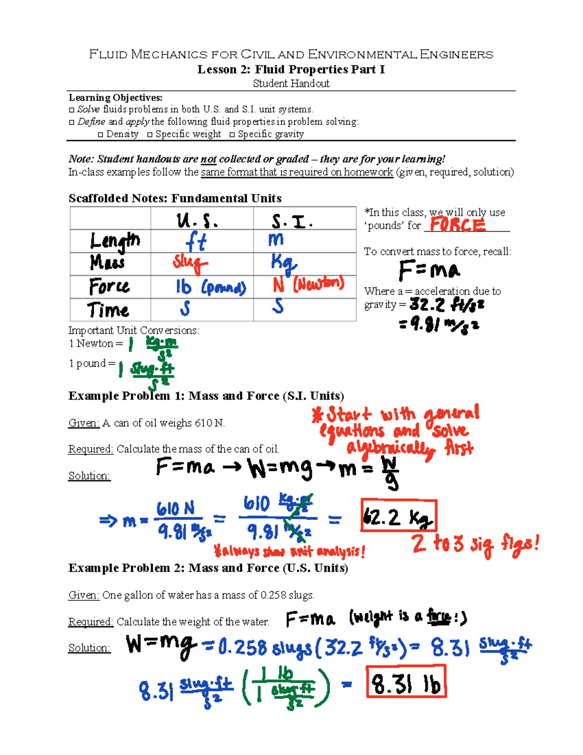 CEEN 310 Student Handout Lesson 2 KEY - Fluid Mechanics for Civil and ...