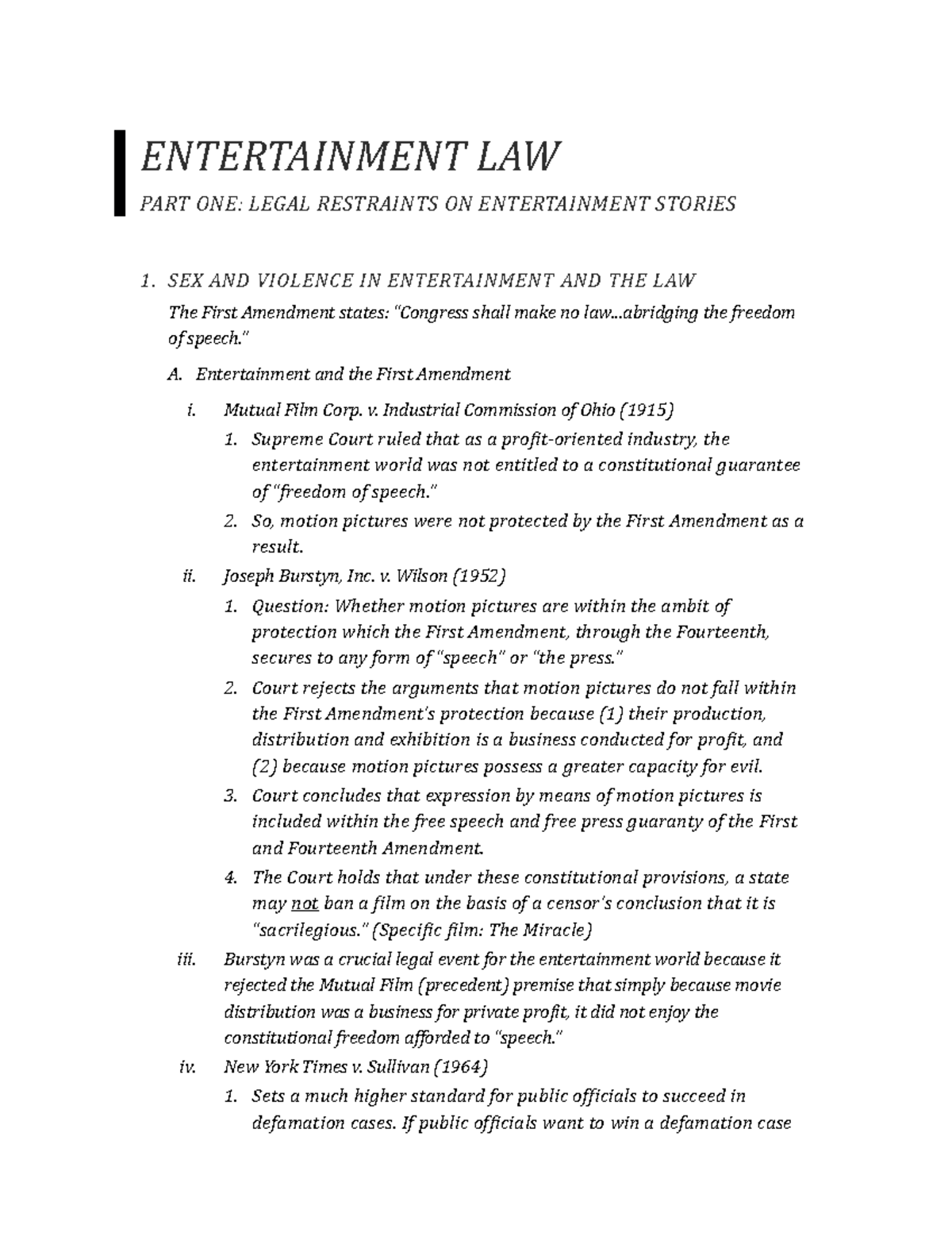 Entertainment Law Outline 2018 - ENTERTAINMENT LAW PART ONE: LEGAL ...