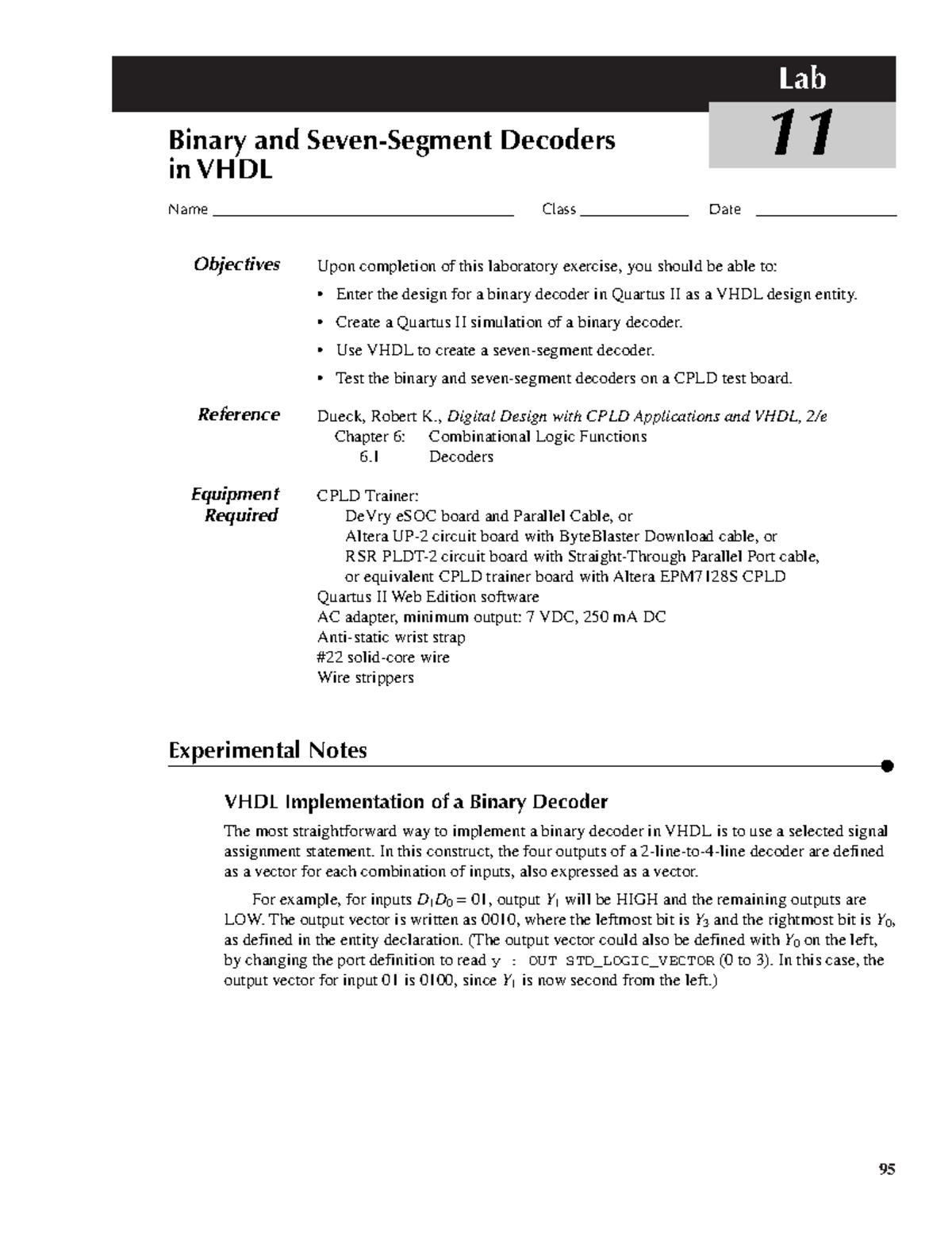 Lab 11 - I DONT REMEMBER - Lab 11 Binary and Seven-Segment Decoders in VHDL Name - Studocu