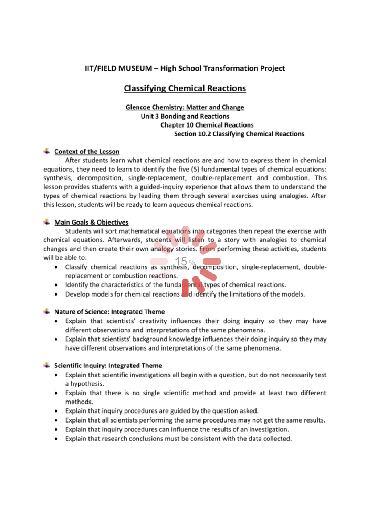 Classifying Chemical Reactions Worksheet - Chemical Engineering - 15 % ...