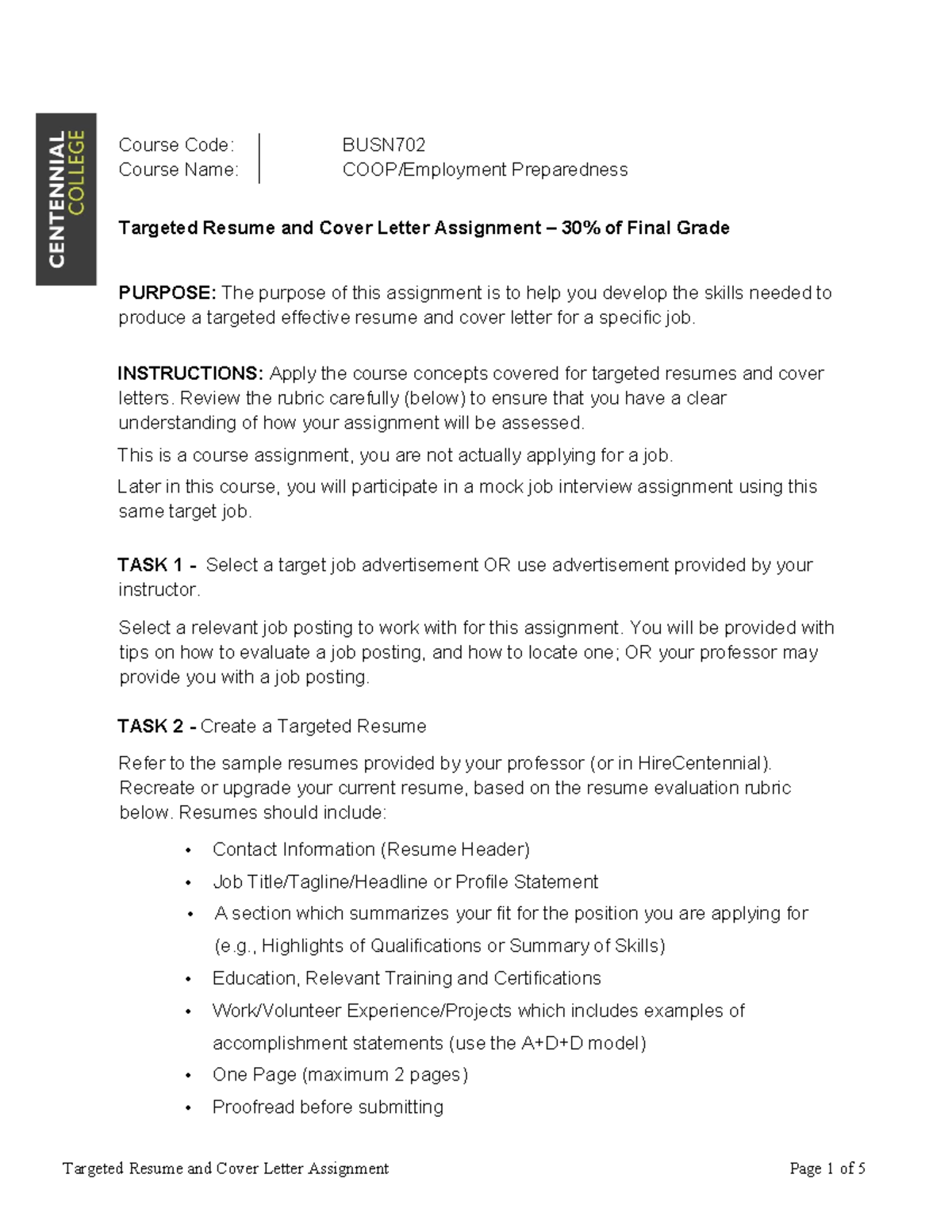 Targeted Resume and Cover Letter Assignment with Rubric - Course Code ...
