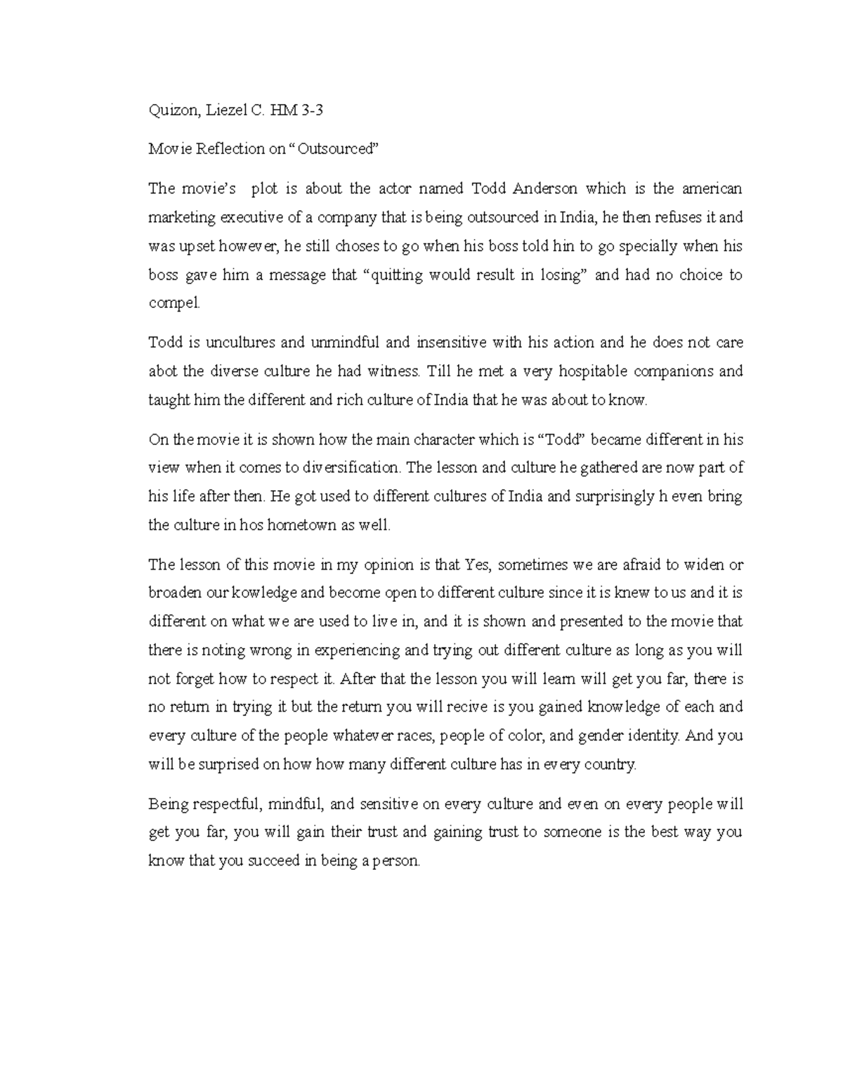 Movie reflection Outsourced - Quizon, Liezel C. HM 3- Movie Reflection ...