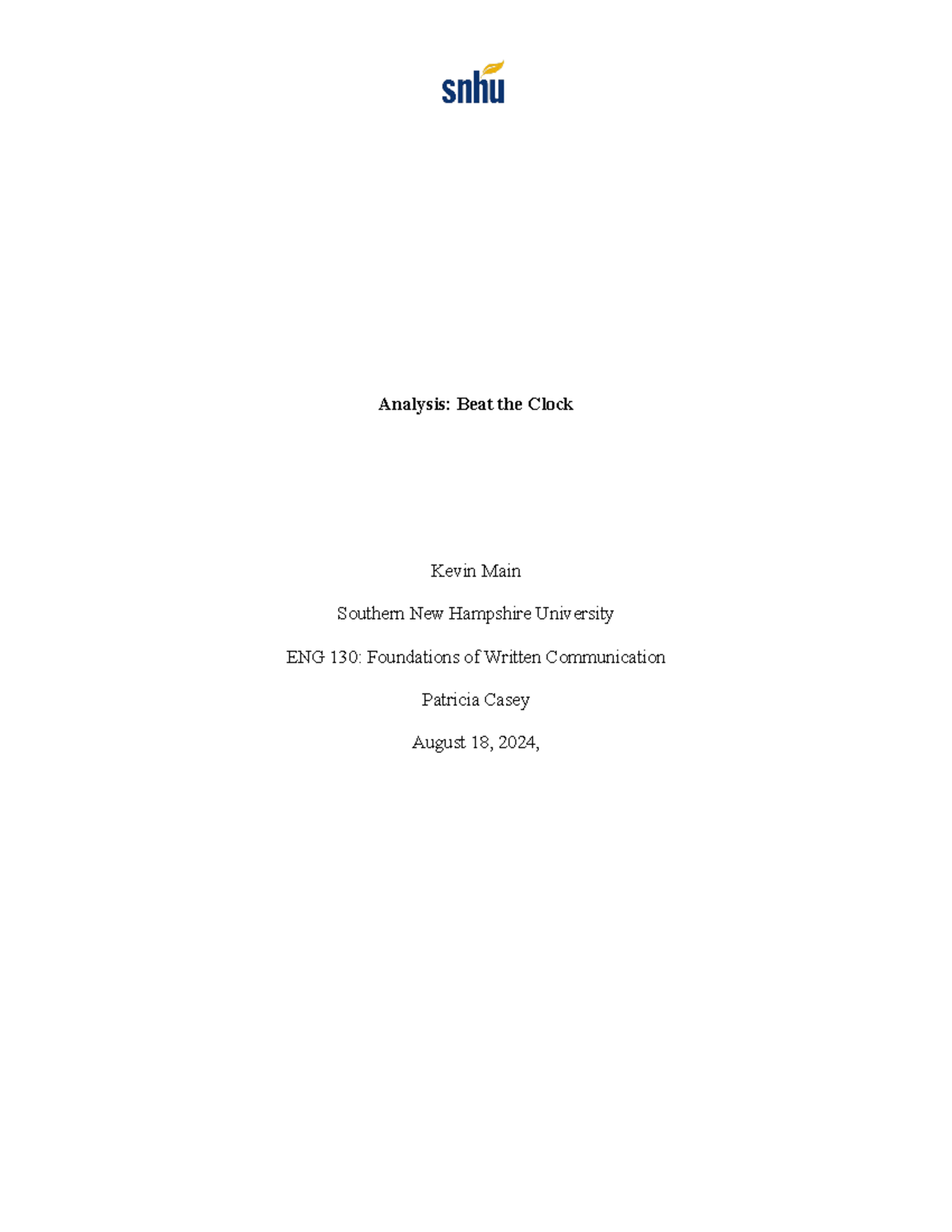 ENG 130 Project APA Module 7 - Analysis: Beat the Clock Kevin Main ...